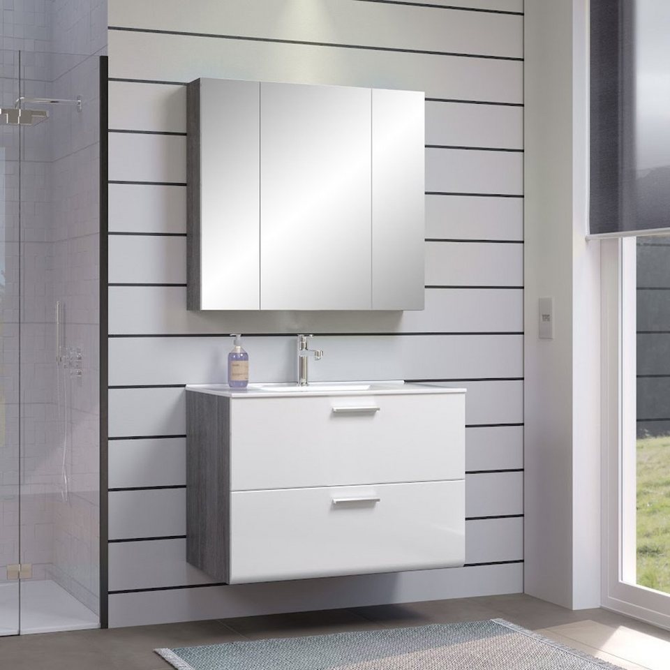 Trendteam Badmöbel Set Badezimmer Set Riva 1 Inkl Waschbecken Weiß