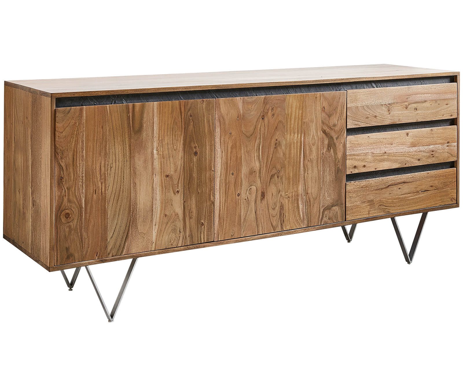DELIFE Sideboard Stonegrace, 175x45x75 Akazie Natur Schiefer 2 Türen 3 Schübe Fuß 20 cm