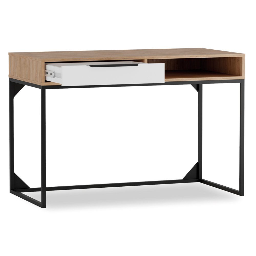 Lomadox Schreibtisch Luzzi 132 Hickory Eiche Nb Mit Weiß 1
