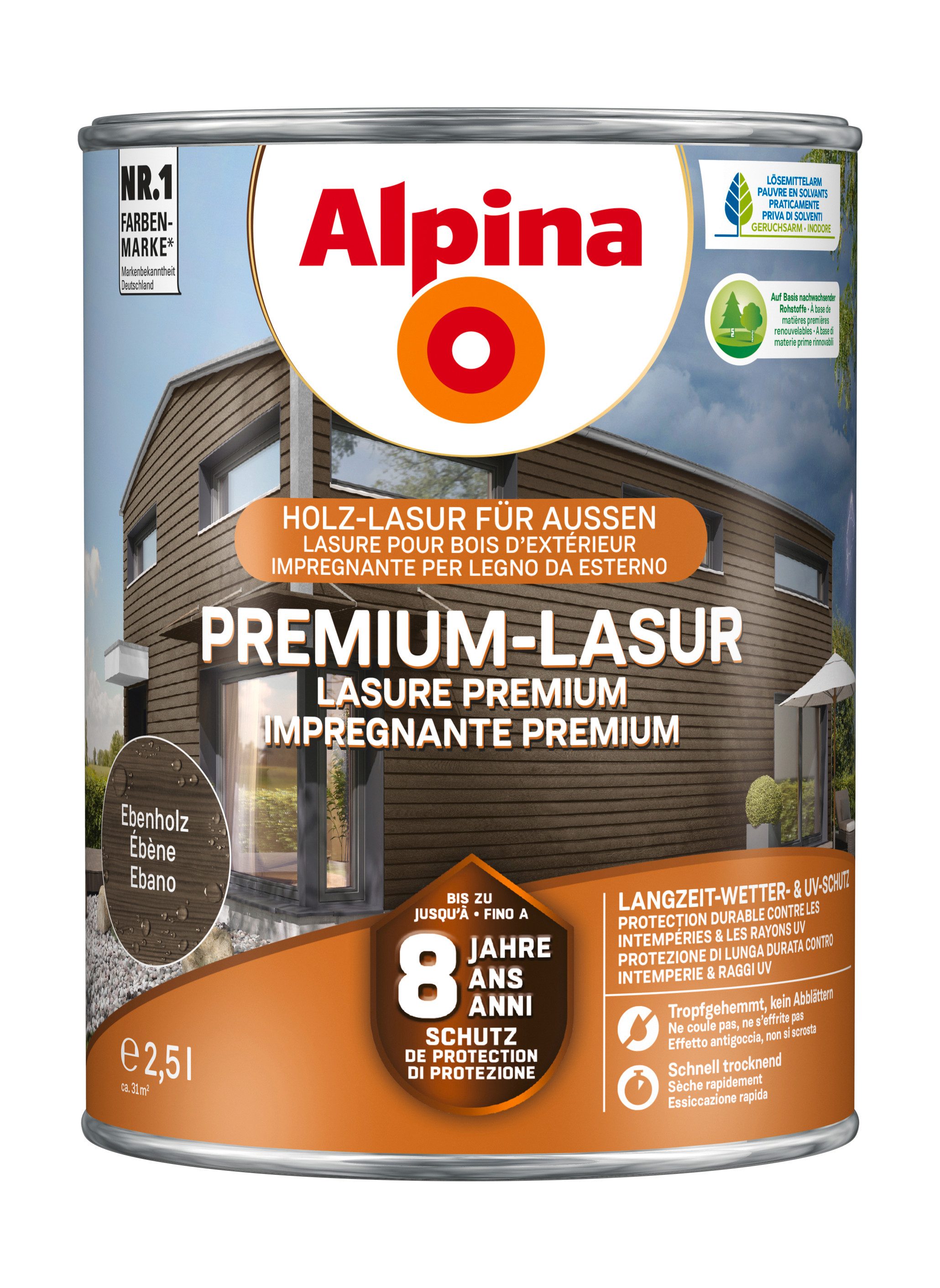 Alpina Lasur Premium-Lasur 2,5 Liter seidenmatt, Holzschutzlasur, Holzlasur