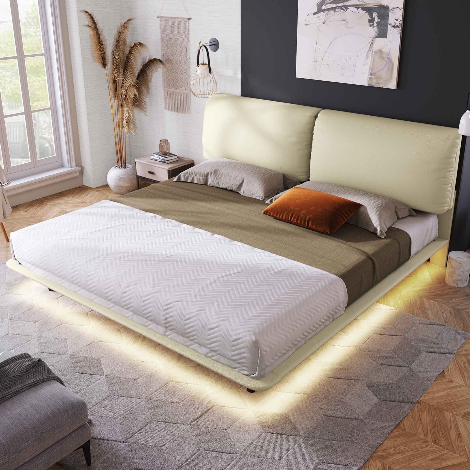 Ulife Polsterbett Cremegelb Doppelbett Inkl Led Beleuchtung Abnehmbare