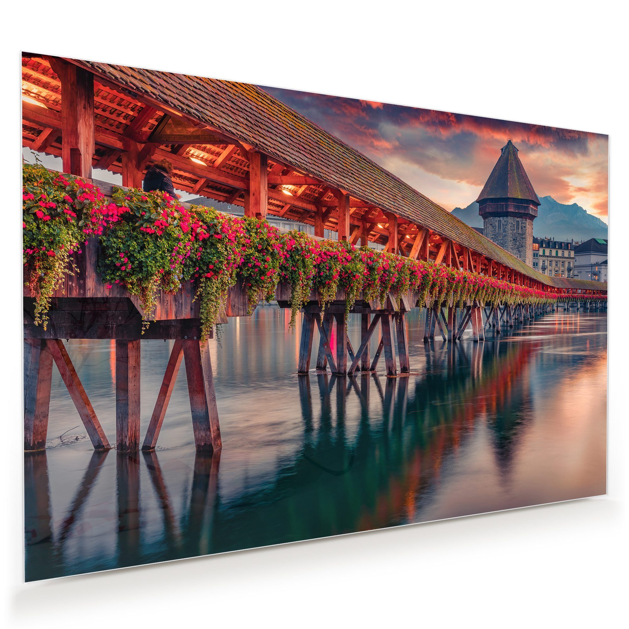 Primedeco Glasbild Wandbild Luzern Kapellbrücke Sunset Mit Aufhängung