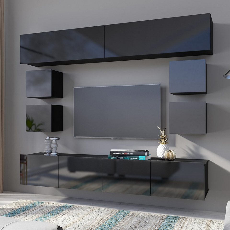 Lomadox Wohnwand Cairns 132 8 St In Schwarz Hochglanz Modern Grifflos