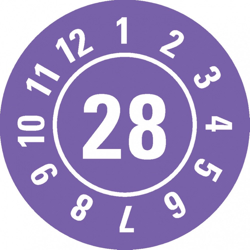 Dreifke Hinweisschild Prüfplakette 28, violett, Dokumentenfolie, selbstklebend, Ø 25mm, 21 S