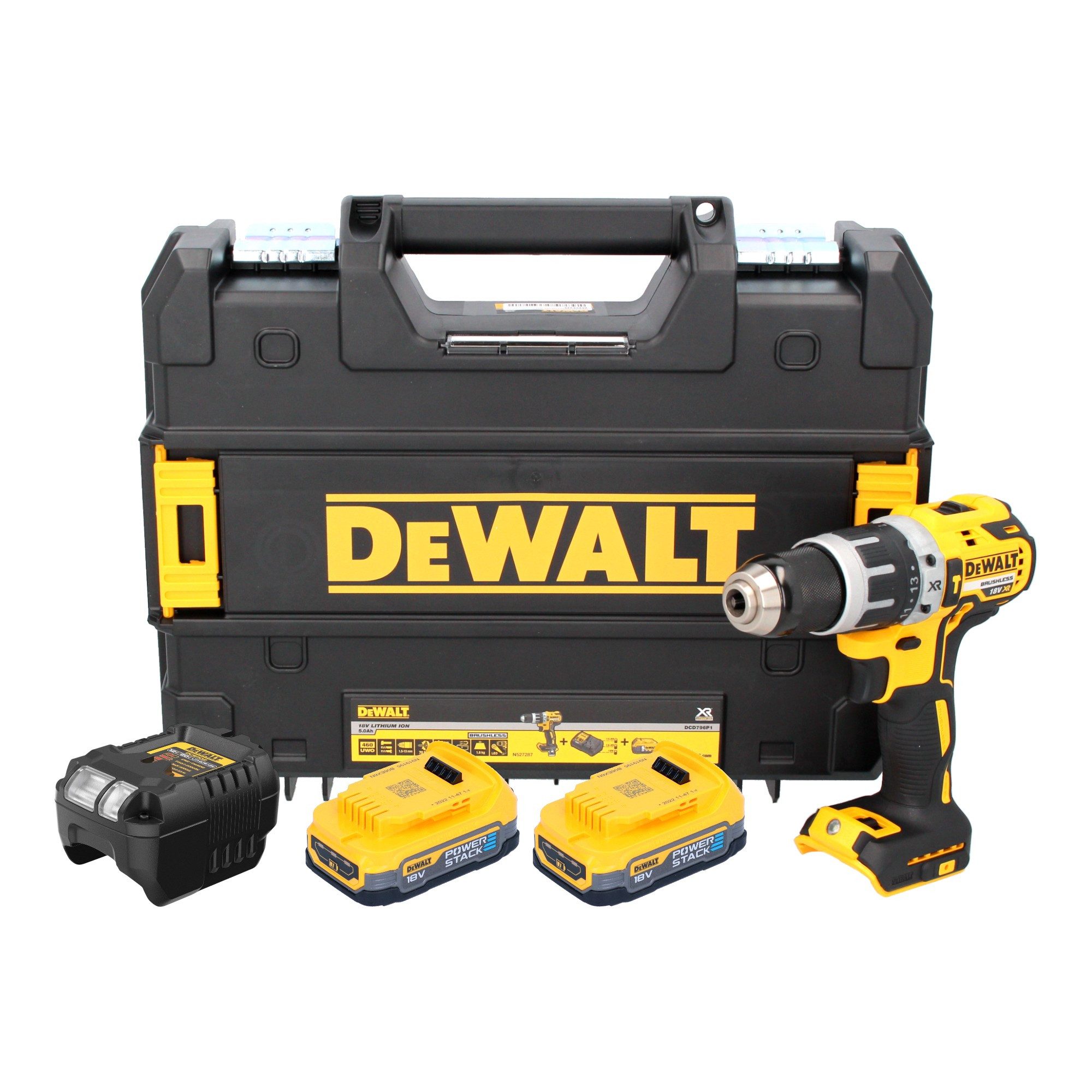 DeWalt Schlagbohrmaschine DCD 796 E2T 18 V 70 Nm + 2x Powerstack Akku 1,7 Ah + Ladegerät + TSTAK