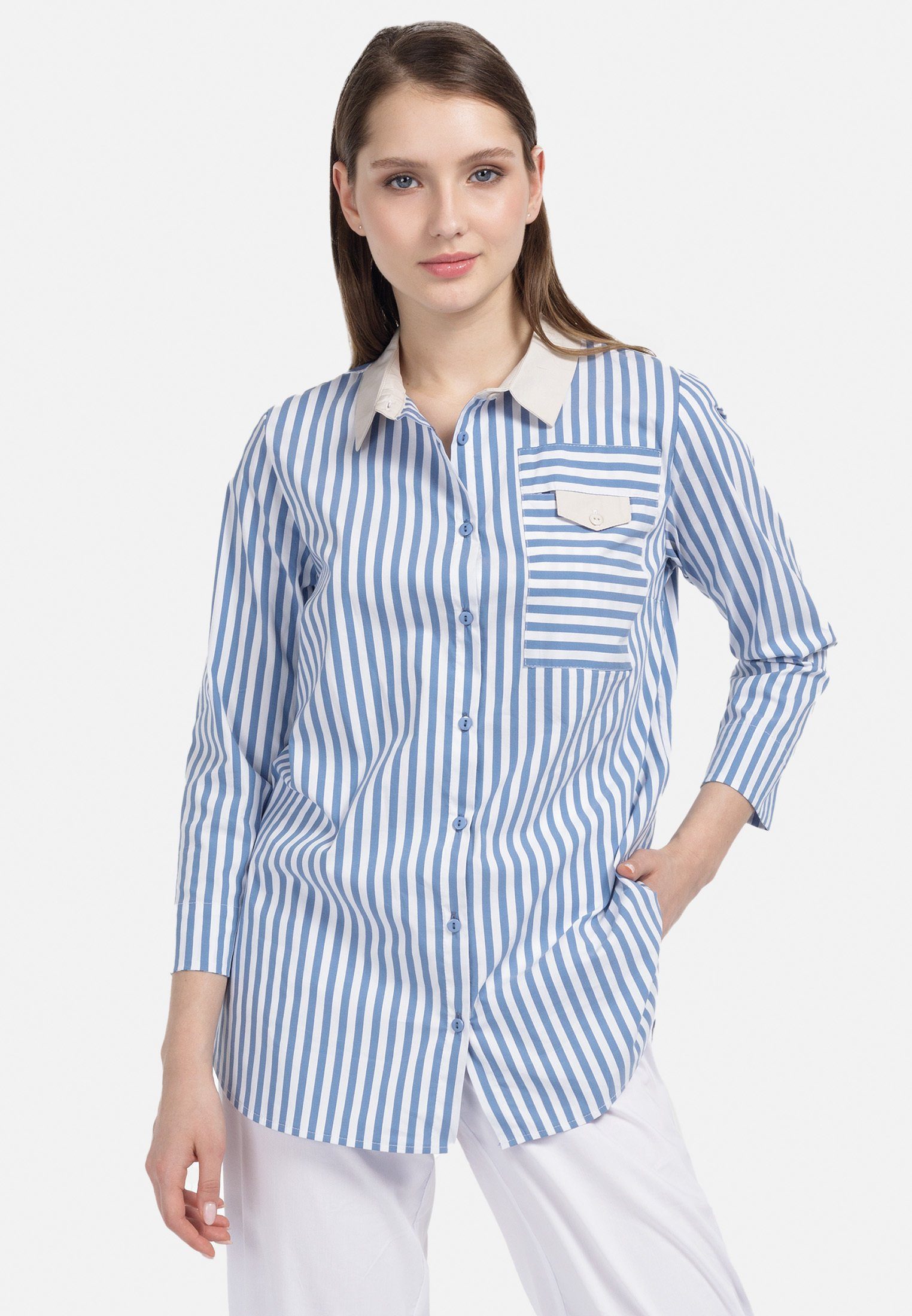 HELMIDGE Hemdbluse Hemdbluse, Abgerundeter Saum