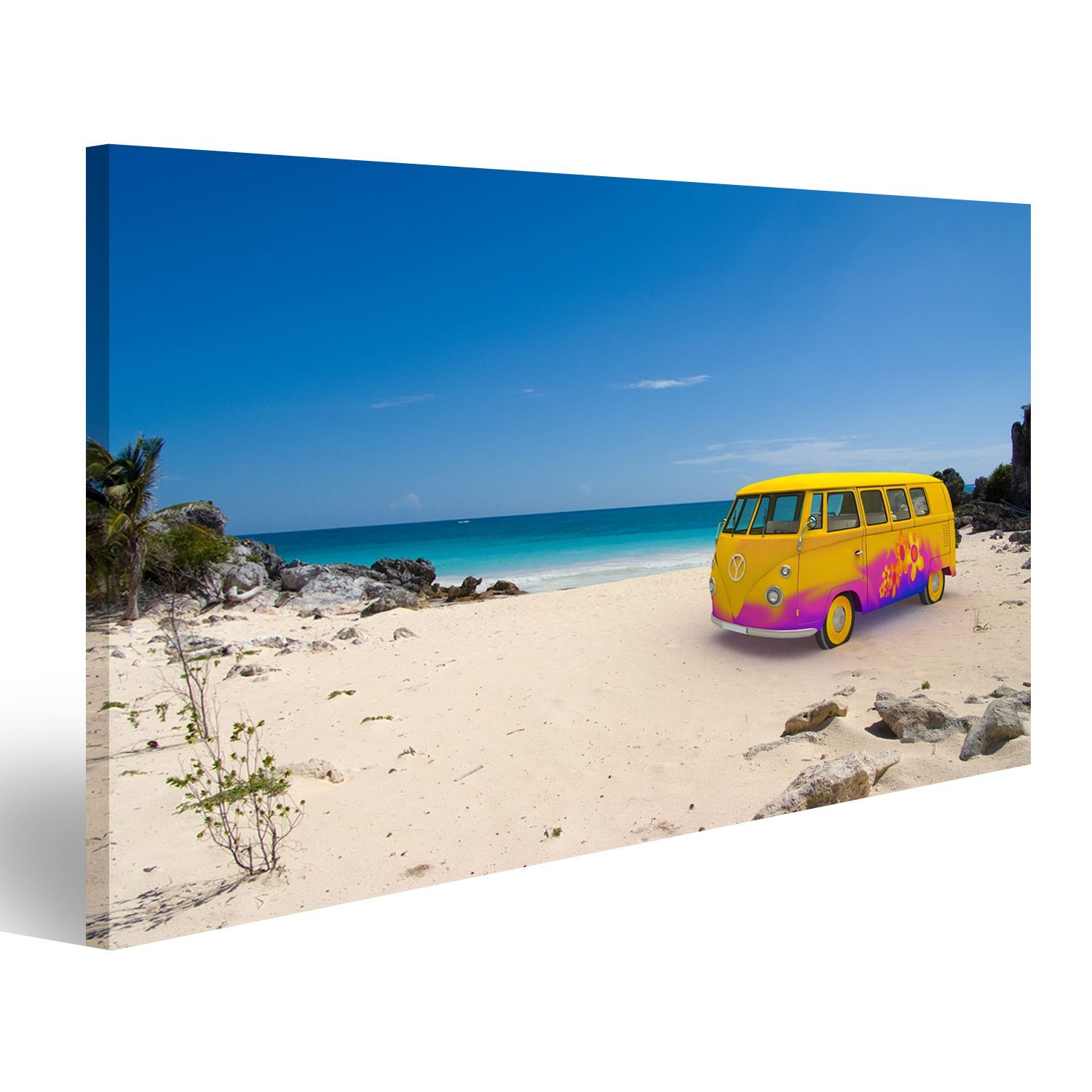 islandburner Leinwandbild »Bild auf Leinwand Peace Love Bus passend VW Bulli T1 am Strand Hippie ...