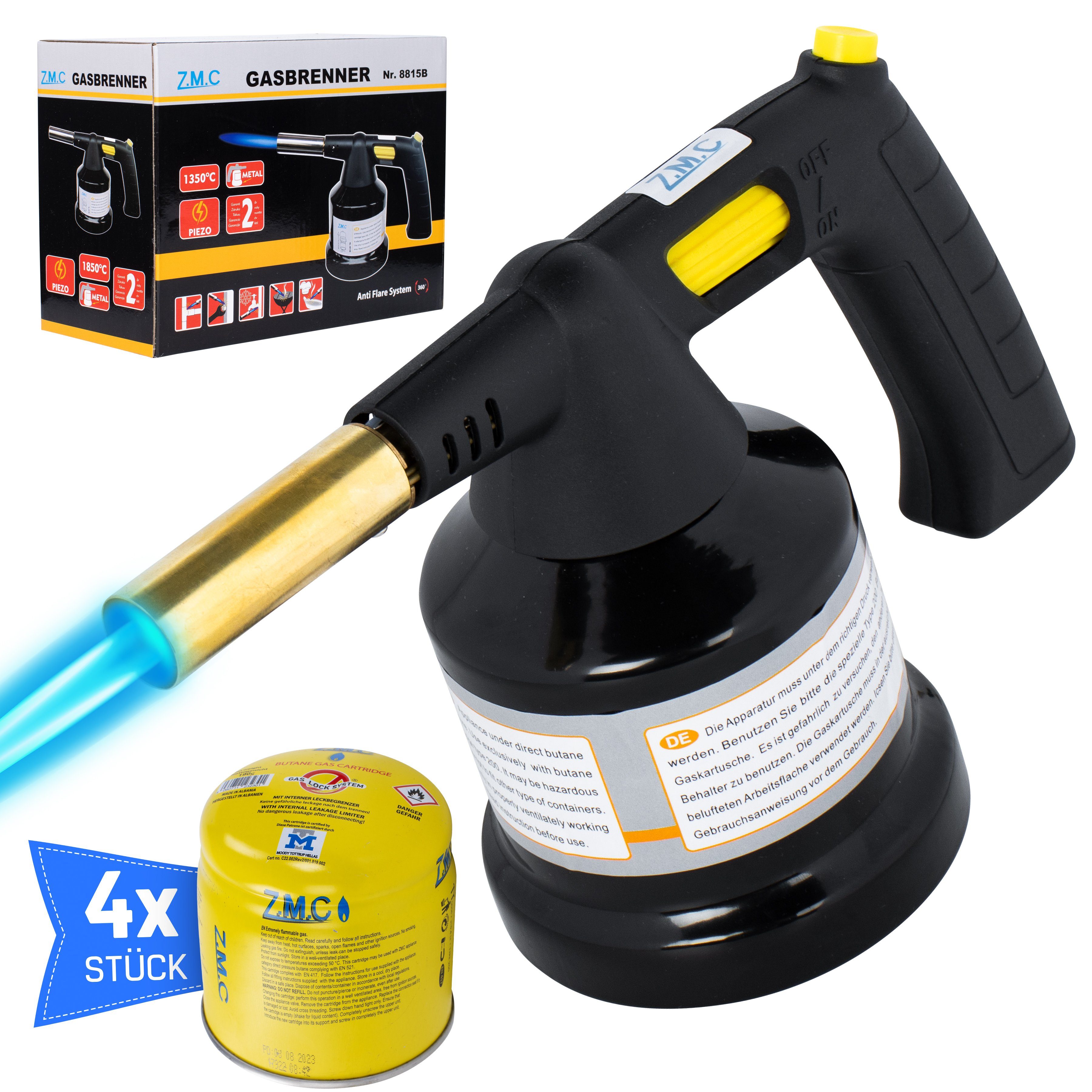 ZMC Flambierbrenner Gasbrenner 1,3 kW Kohleanzünder +Gaskartuschen mit einstellbare Flamme, (mit ...