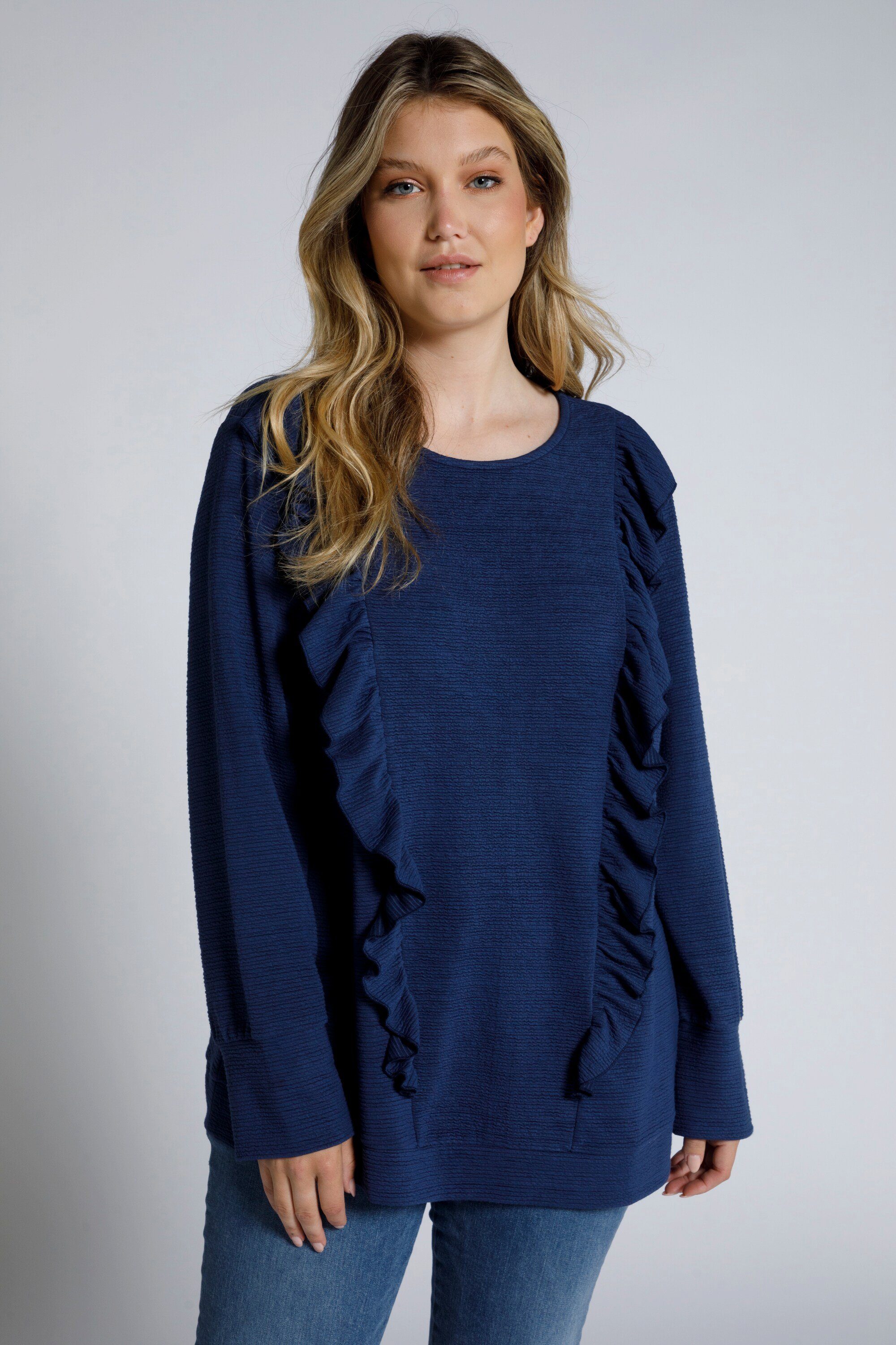 Ulla Popken Longbluse Bluse Volants Rundhals Gekräuselter Langarm