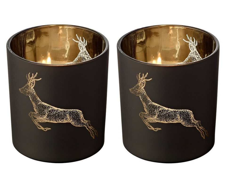 Edzard Windlicht Sammy Kerzenglas Set Für Teelichter Mit Hirsch Motiv
