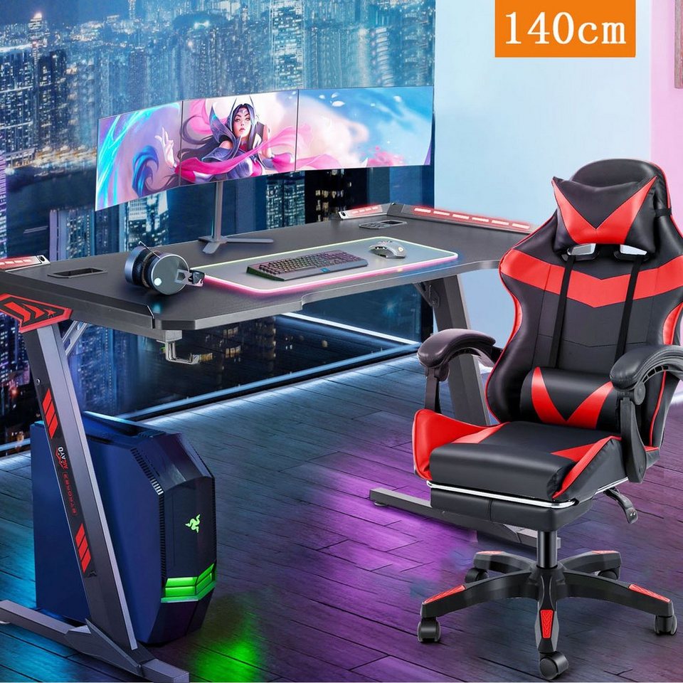 Oyajia Gamingtisch Computer Gaming Schreibtisch Mit Led 120cm 140cm