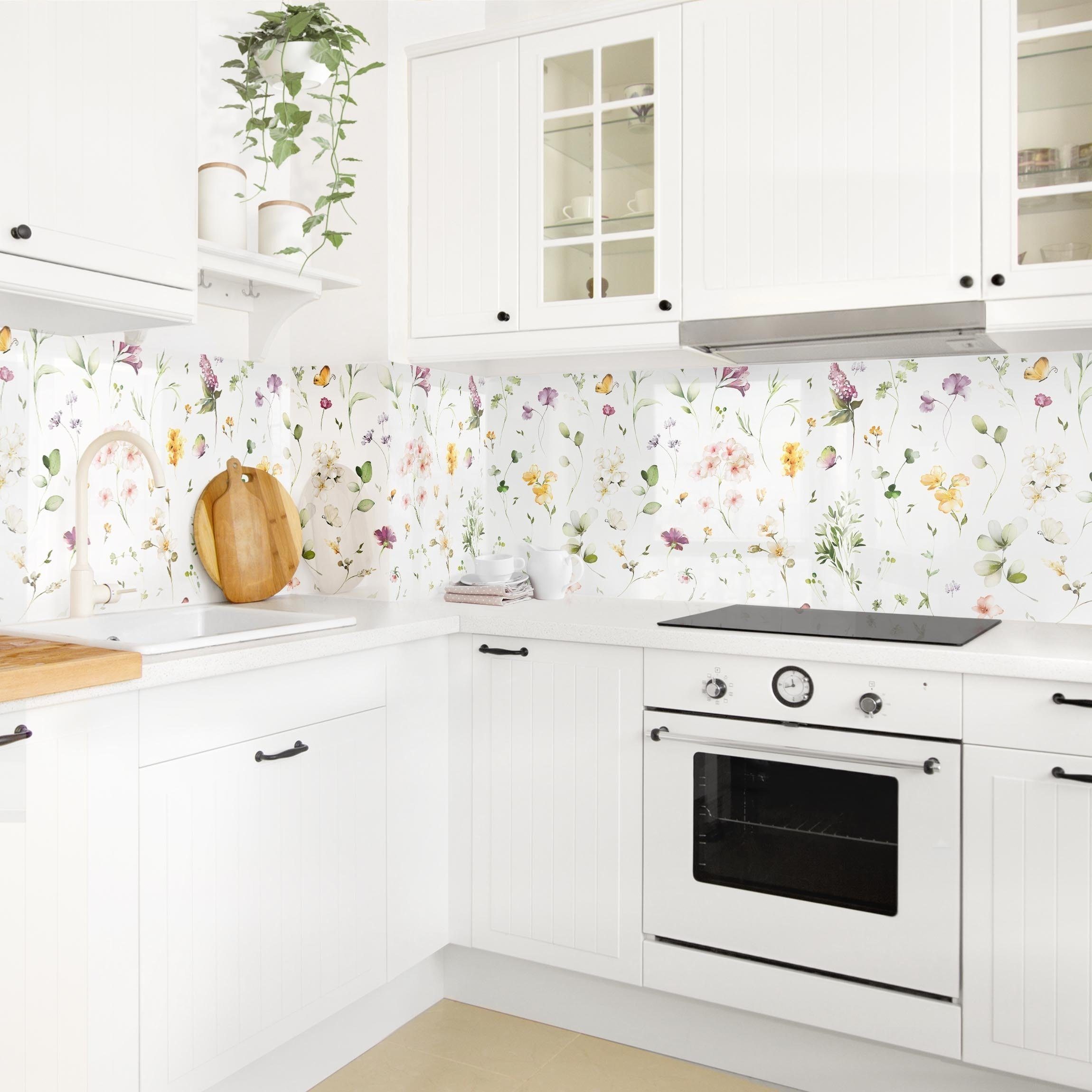Bilderdepot24 Küchenrückwand Violett Dekor Aquarell Blumen Botanik