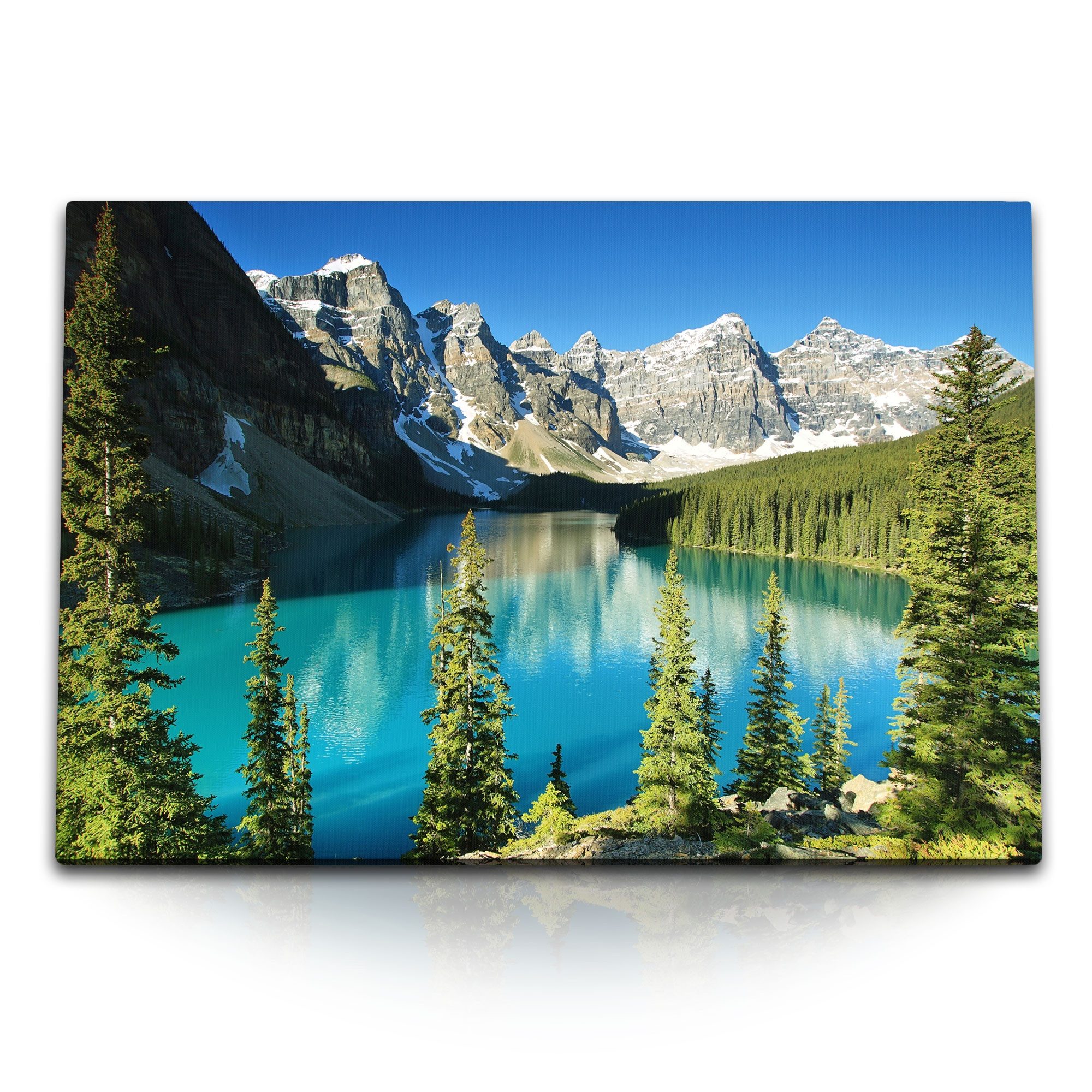 Sinus Art Leinwandbild 120x80cm Wandbild auf Leinwand Moraine Lake See in Kanada Berge Tannen ...
