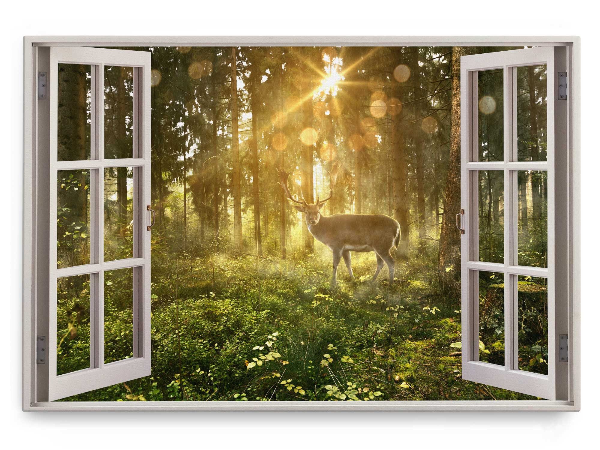 Sinus Art Leinwandbild Wandbild 120x80cm Fensterbild Natur Hirsch Wald Sonnenstrahl Bäume, (1 St)