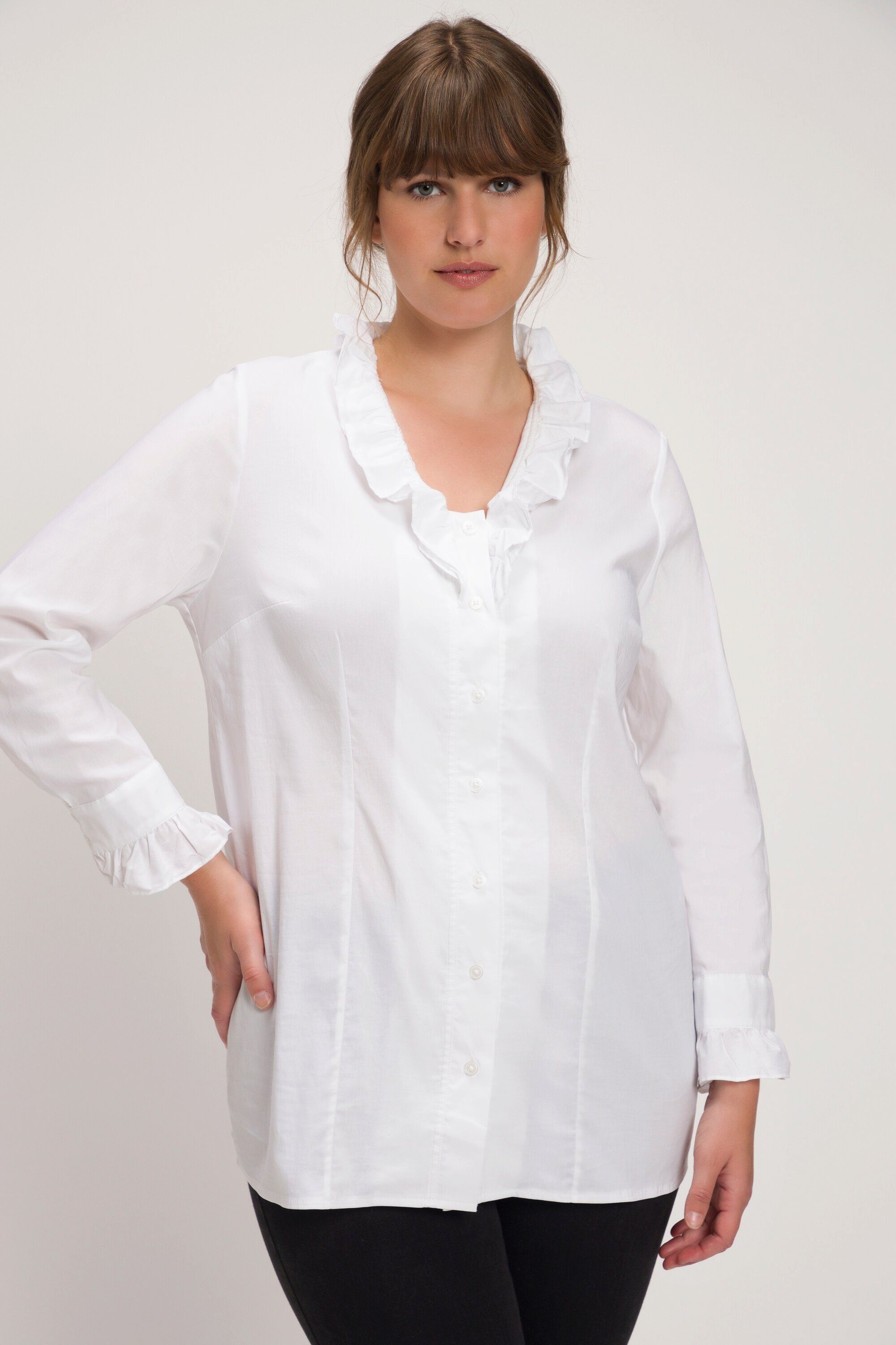 Ulla Popken Longbluse Bluse Rüschenkragen V Ausschnitt Langarm