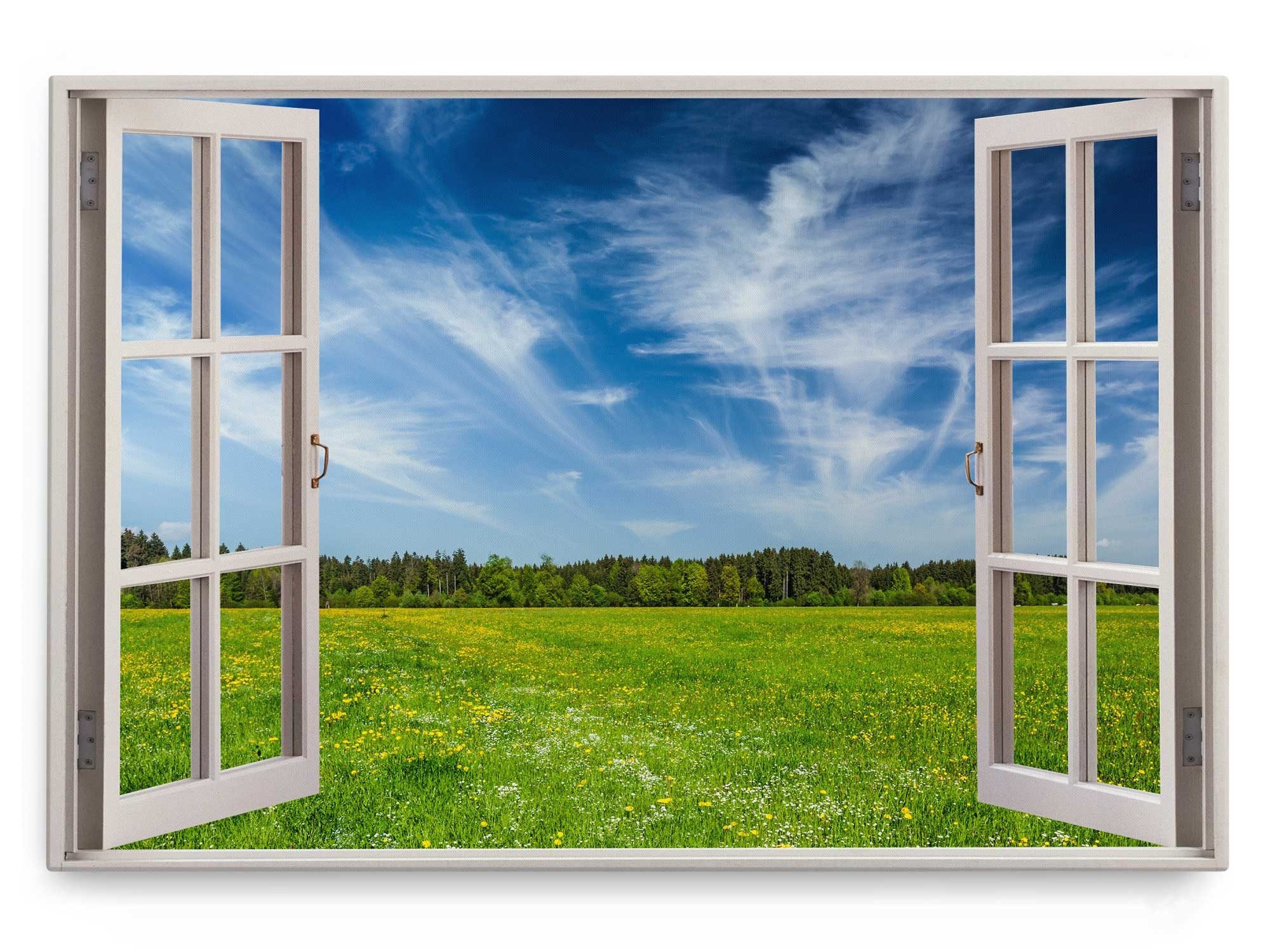 Sinus Art Leinwandbild Wandbild 120x80cm Fensterbild Grüne Wiese Sommer blauer Himmel Landsch ...