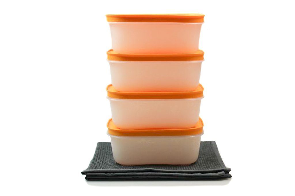 TUPPERWARE Back-Set Gefrier-Behälter 450 ml weiß-orange (4) + GLASTUCH