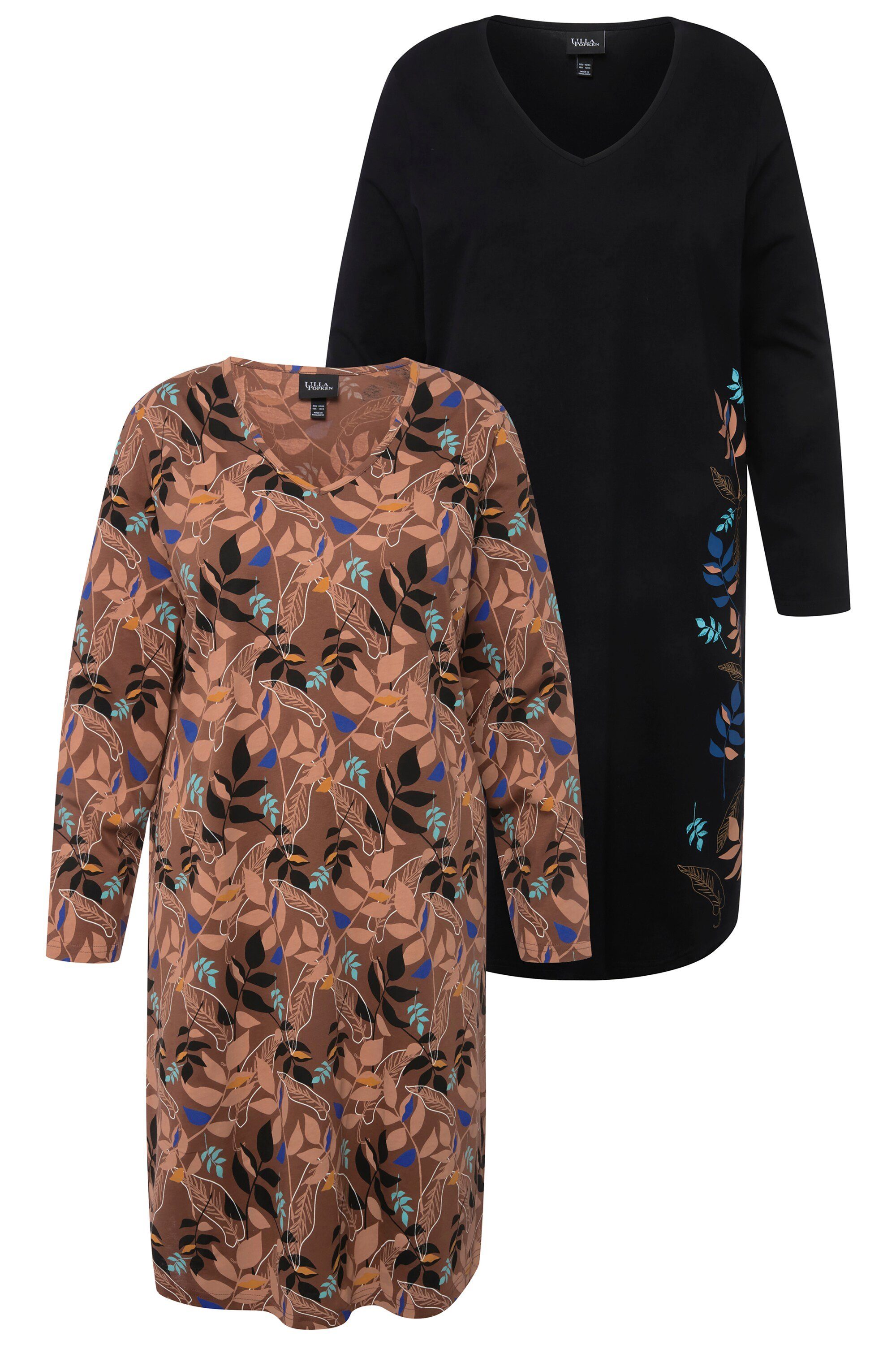 Ulla Popken Bigshirt Bigshirts 2er Pack Blätter V Ausschnitt Langarm