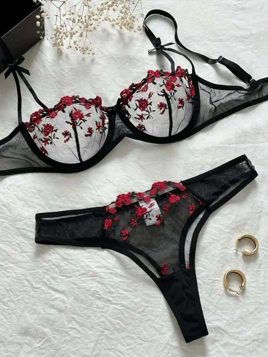 Elegant Love Set: Push-up-BH Sexy Dessous-Set, Bestickter BH+Tanga, Reizwäsche (Set, 2-tlg., mit ...