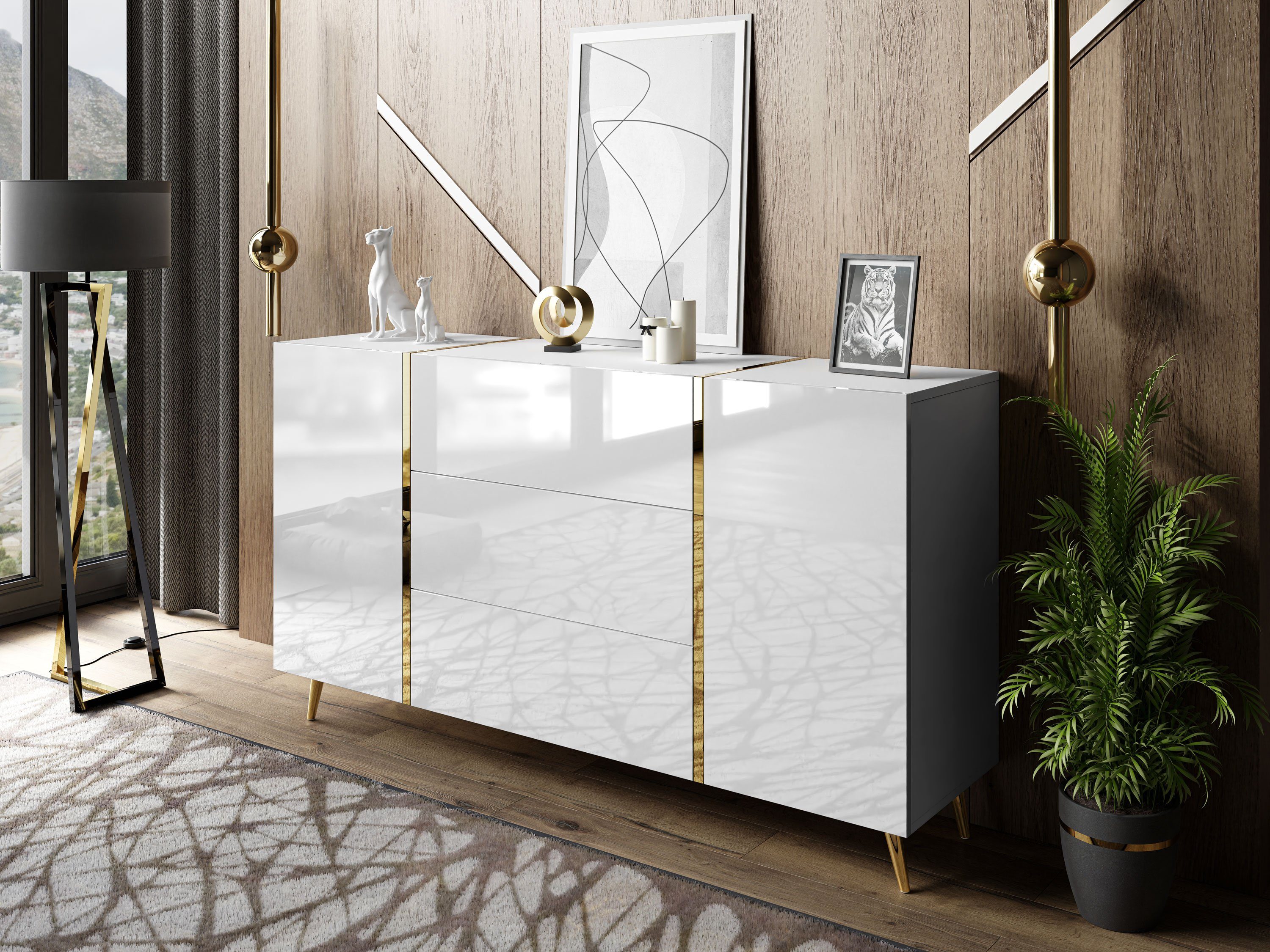 Yourhouse24 Kommode Onyx Goldenen Beinen Sideboard Hochglanz Push Open