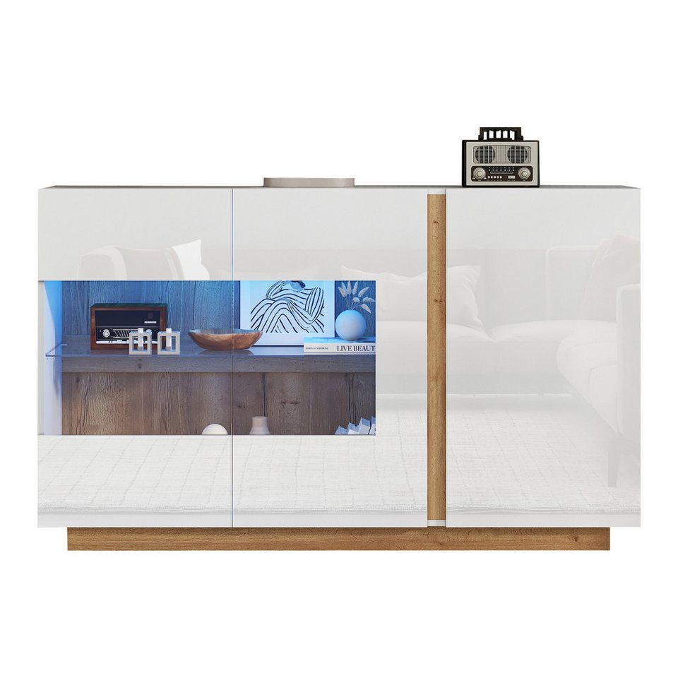 Extsud Sideboard Sideboard Hochglanz Kommode Weiße Spanplatte Mit Glas