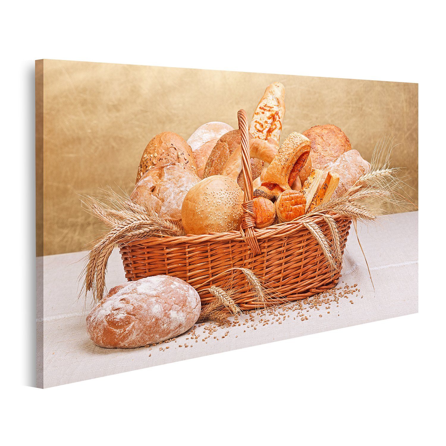 islandburner Leinwandbild Bild auf Leinwand Verschiedene Frische Backwaren Im Weidenkorb Weizen