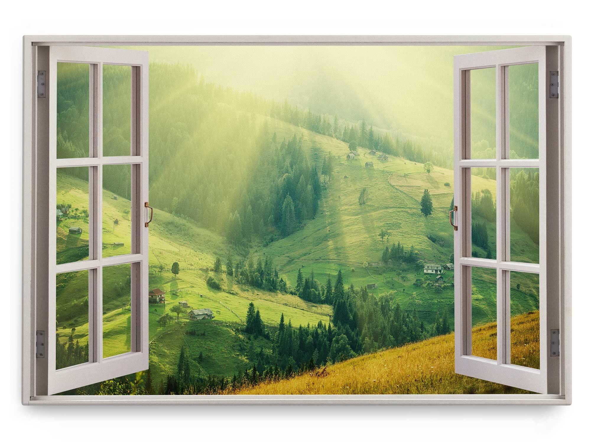 Sinus Art Leinwandbild Wandbild 120x80cm Fensterbild Alpen Wiese Grün