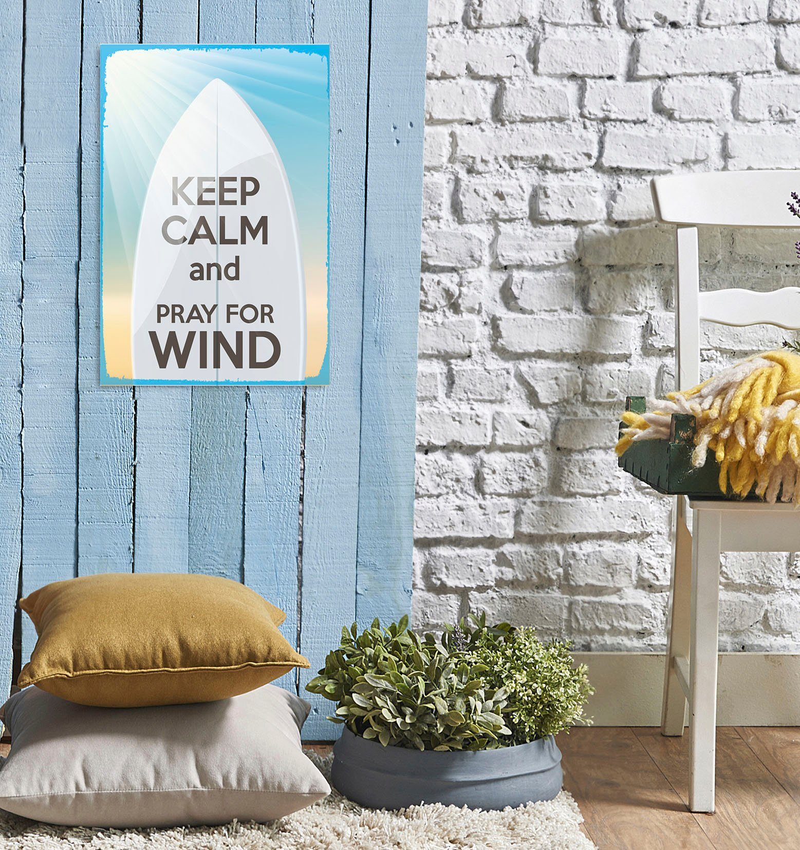 queence Metallbild Pray for Wind, Strand (1 St), Stahlschild, Blechschild, Surfboard, Spruch