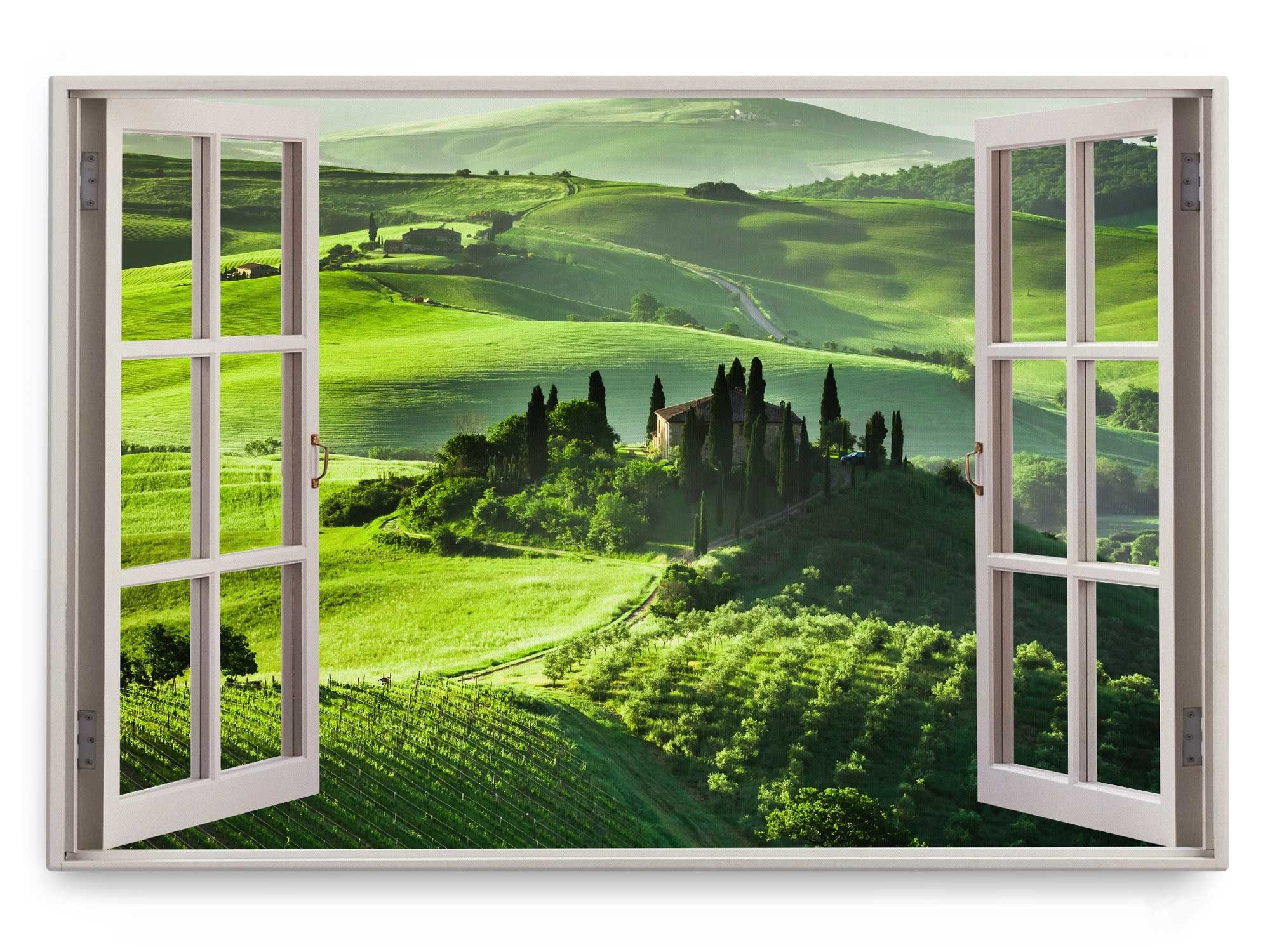 Sinus Art Leinwandbild Wandbild 120x80cm Fensterbild Toskana Italien Natur Grün Landschaft La ...