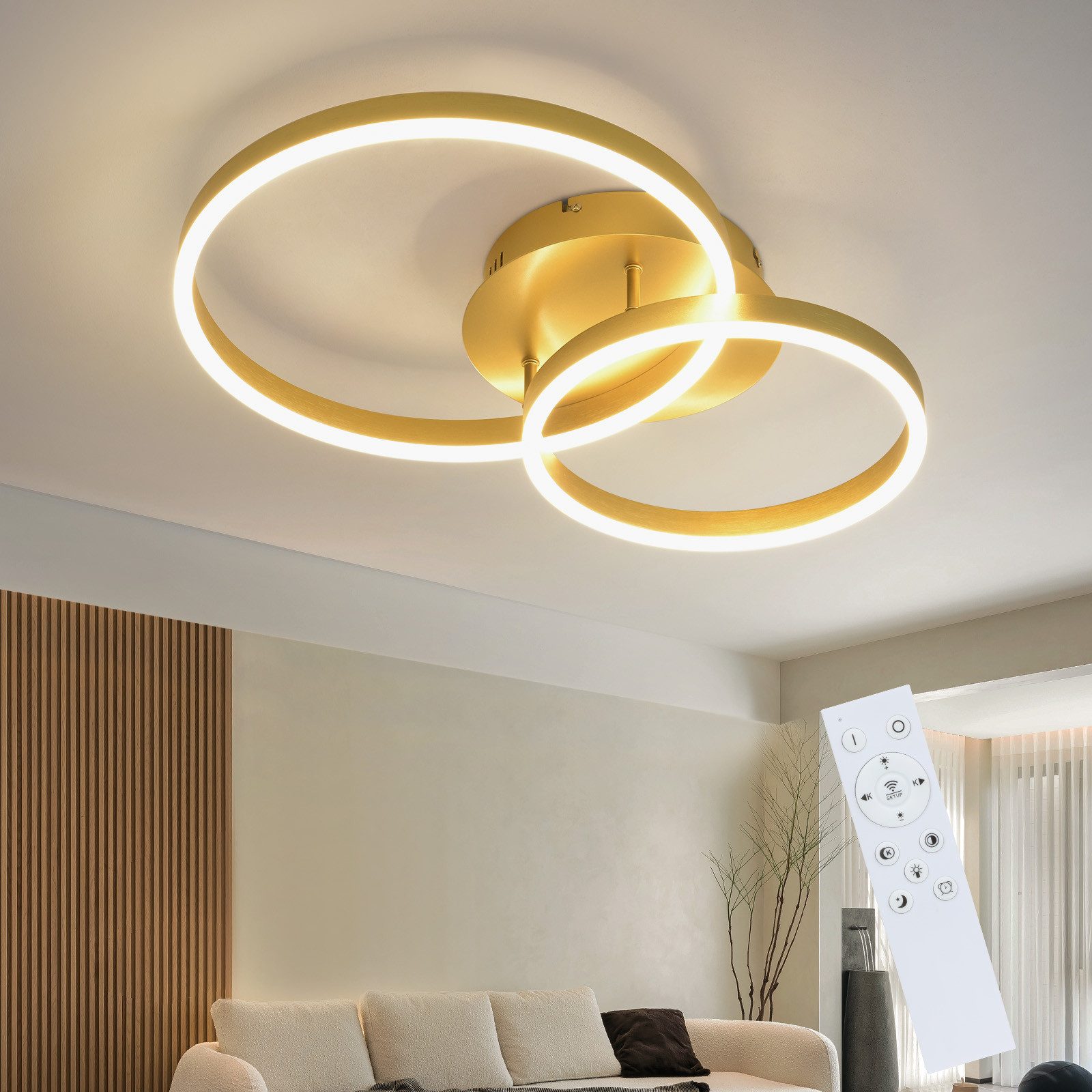 Nettlife LED Deckenleuchte Dimmbar Wohnzimmer Gold 2 Ring 46W 59CM ...