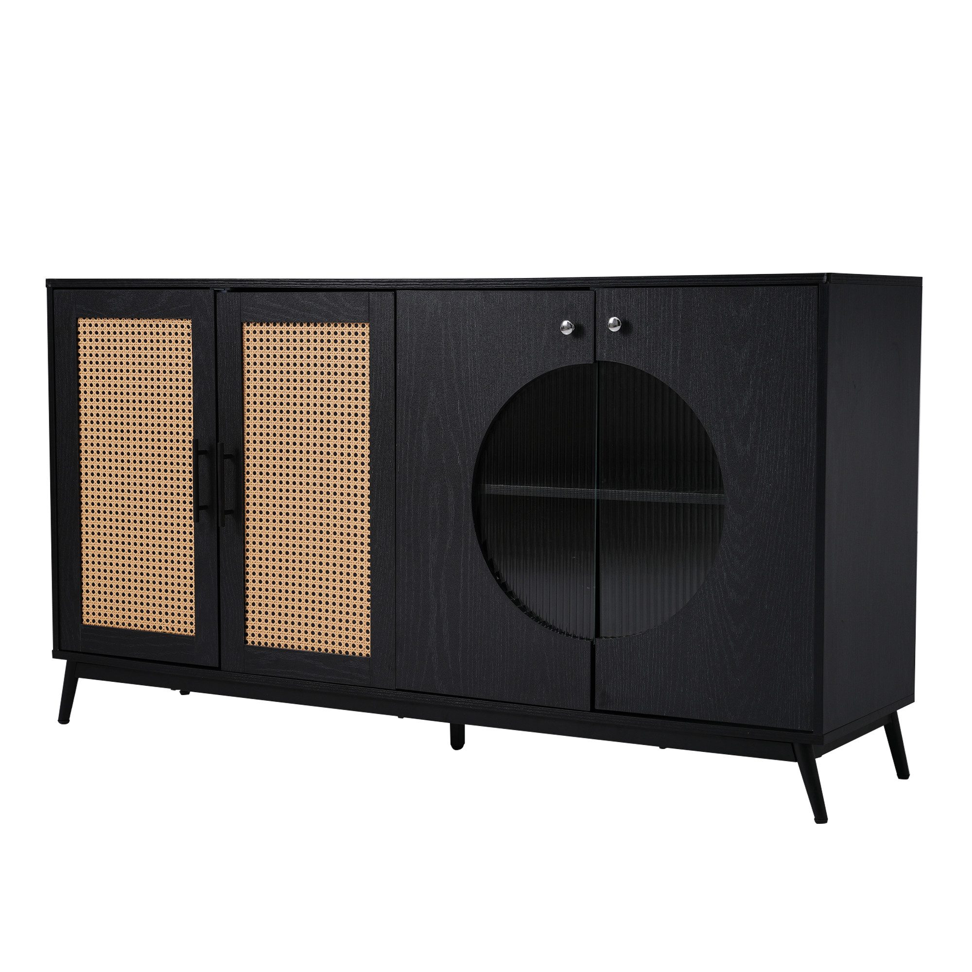 Odikalo Sideboard Kommode Beistellschrank Glastüren Rattan Halbrunde Tür