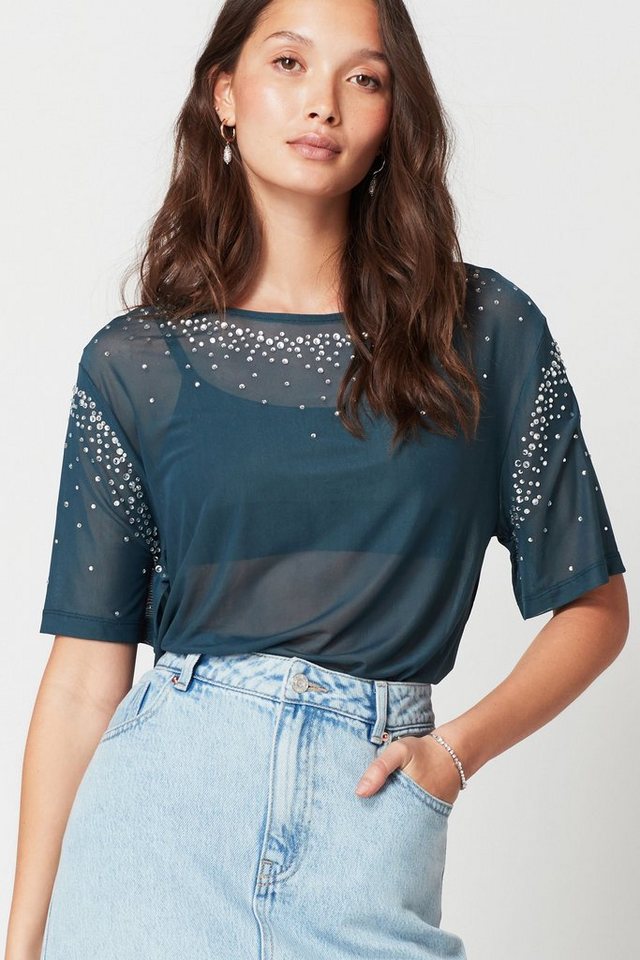 Next Blusenshirt Kurzärmeliges Mesh Oberteil Mit Glitzer 1 Tlg