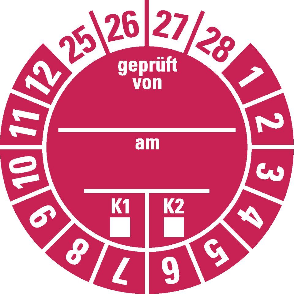 König Werbeanlagen Hinweisschild Prüfplakette geprüft von...am...K1 K2 25-28,rot,Folie,Ø 30mm,18 ...