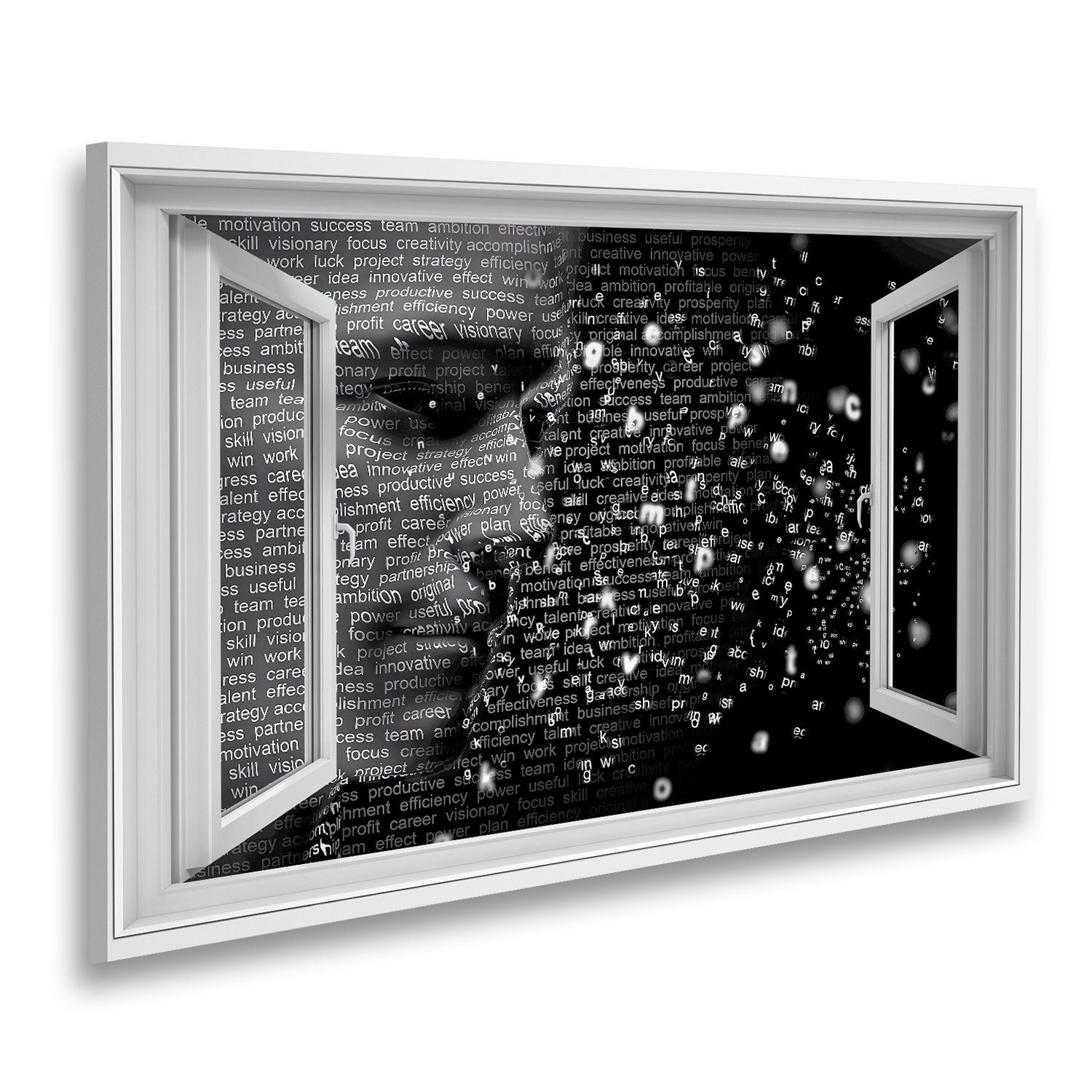 islandburner Leinwandbild Fensterblick Menschengesicht gemischt mit einer fließenden Liste von m