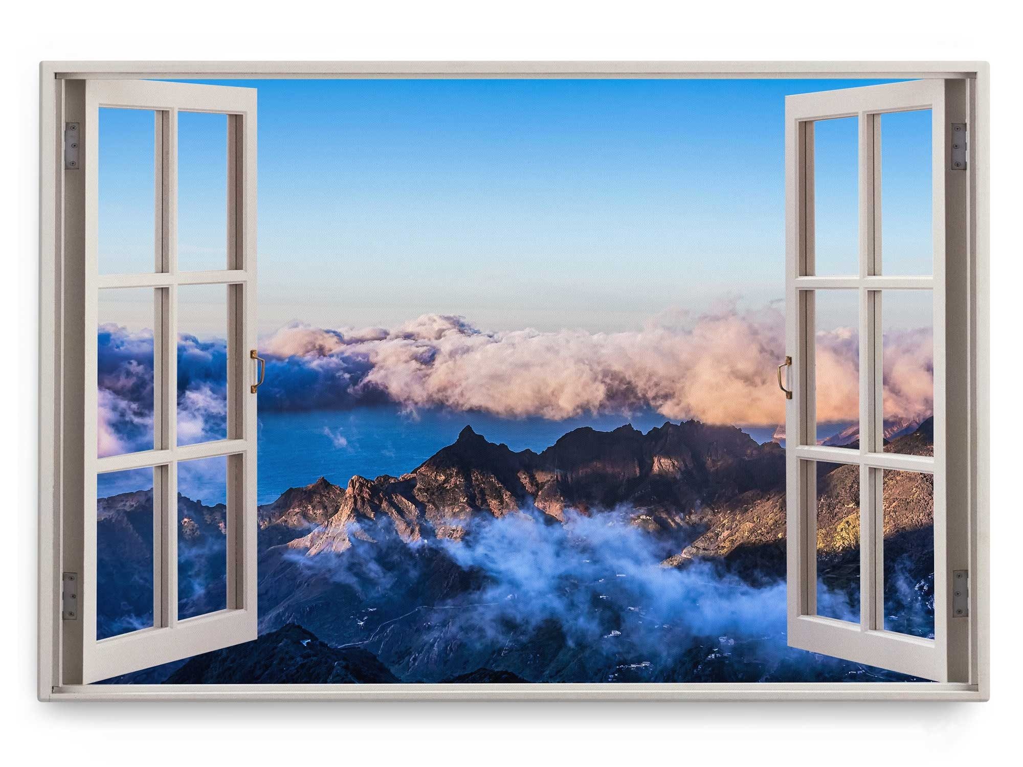 Sinus Art Leinwandbild Wandbild 120x80cm Fensterbild Gebirge über den Wolken Sonnenuntergang, (1 St)