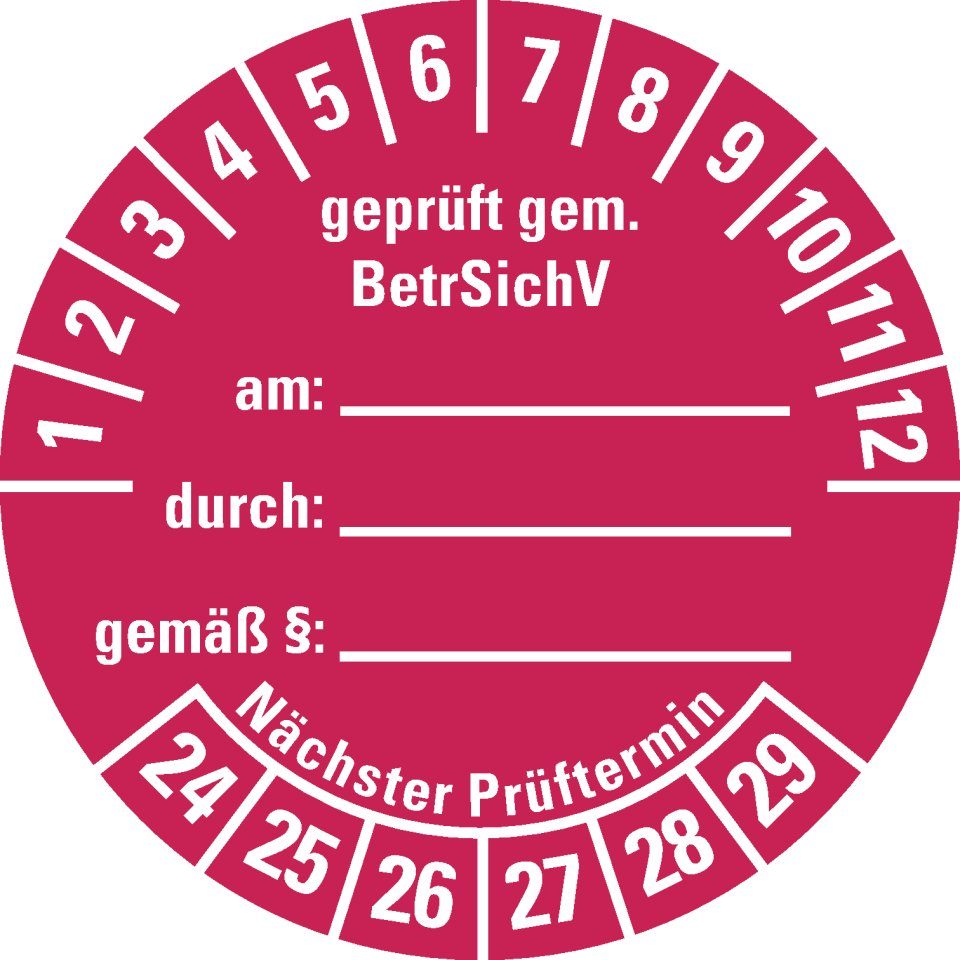König Werbeanlagen Hinweisschild Prüfplak. gem.BetrSichV,beschriftbar,24-29,rot,Dokufolie,Ø40mm ...