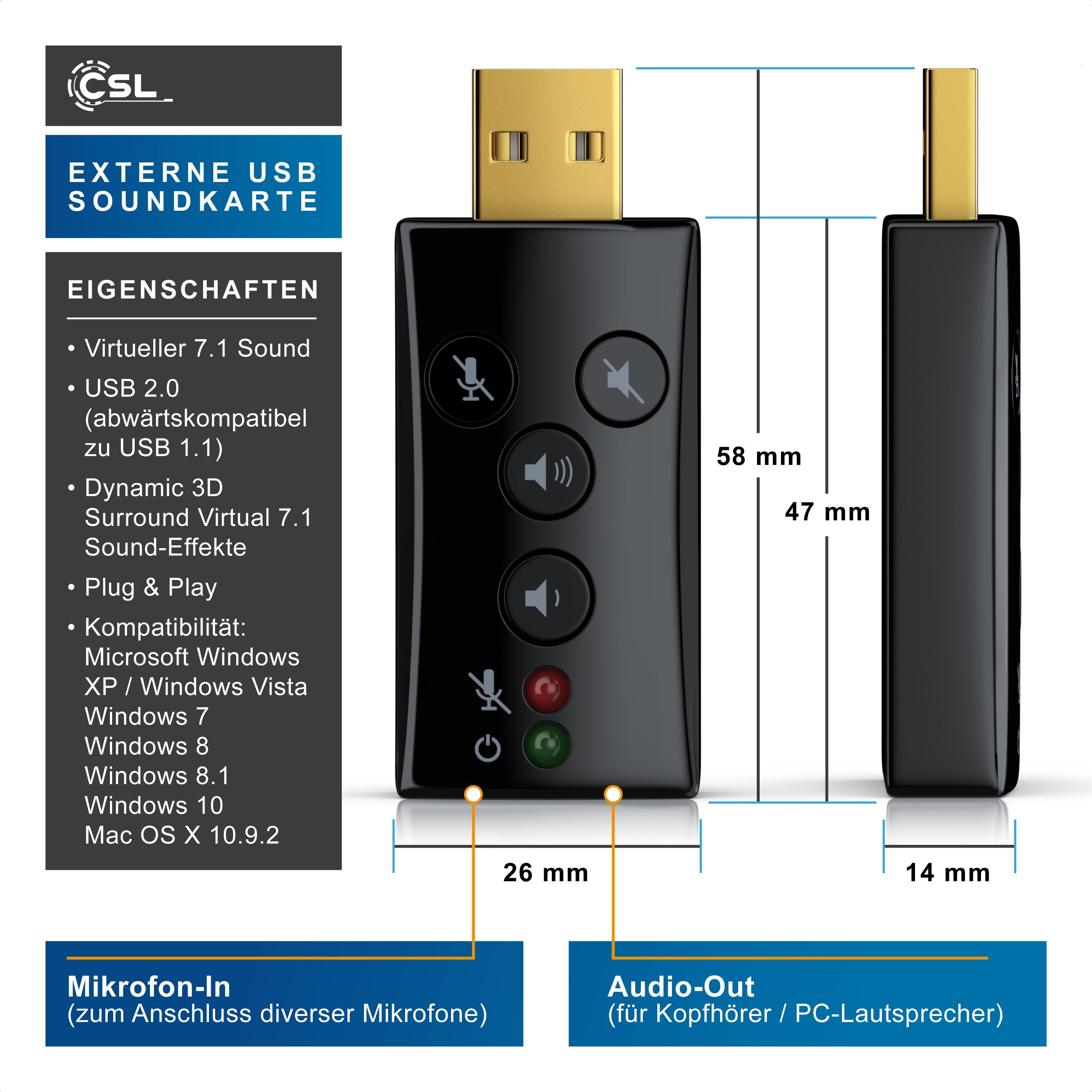 CSL USB-Soundkarte 7.1 Surround, Extern, Virtual Surround ...