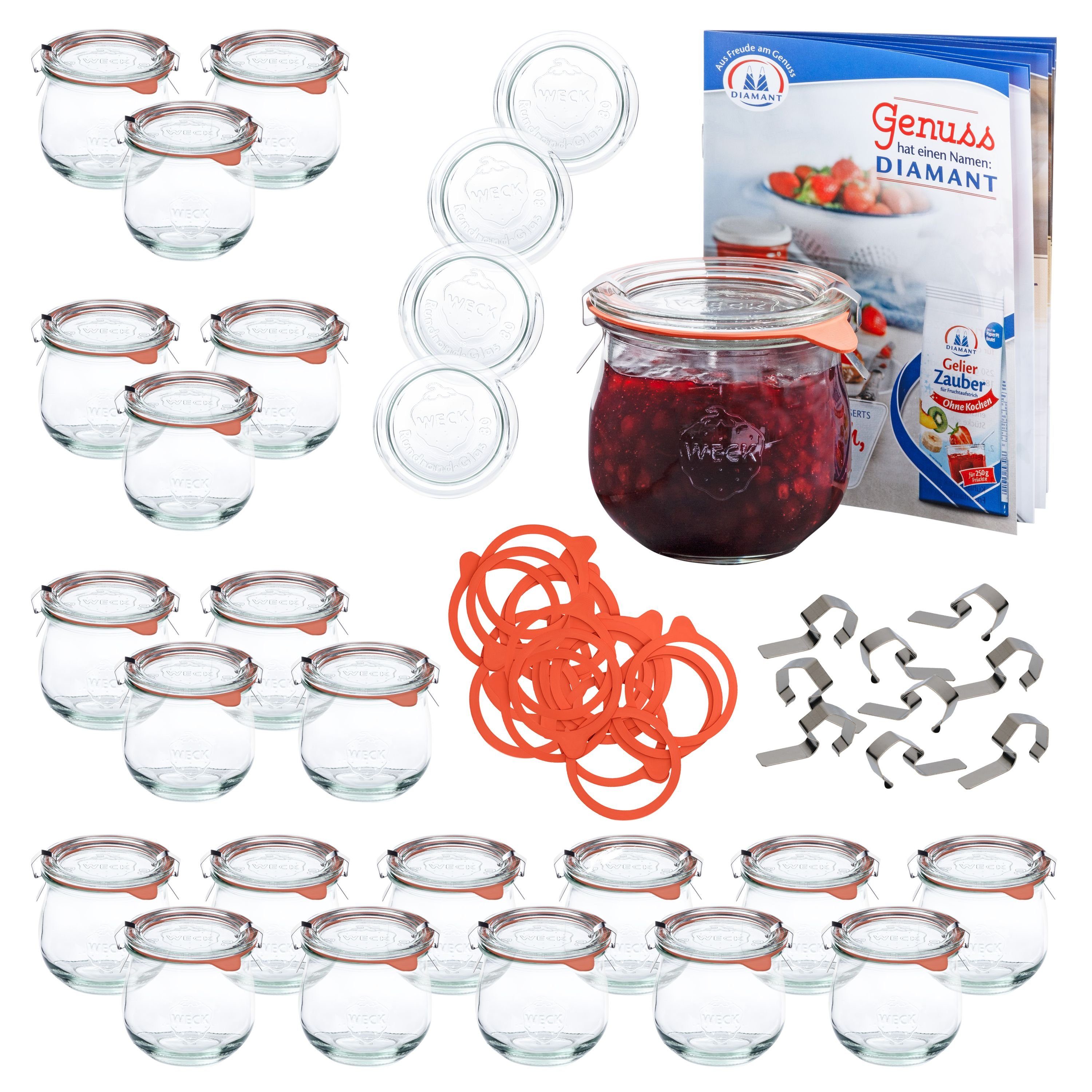 MamboCat Einmachglas 24er Set Weck Gläser 370ml Tulpenglas Glasdeckel Einkochringe Klammer, Glas