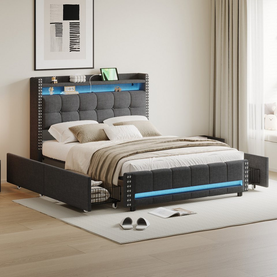 Rutaqian Polsterbett Doppelbett Für Erwachsene Mit Led Beleuchtung Und