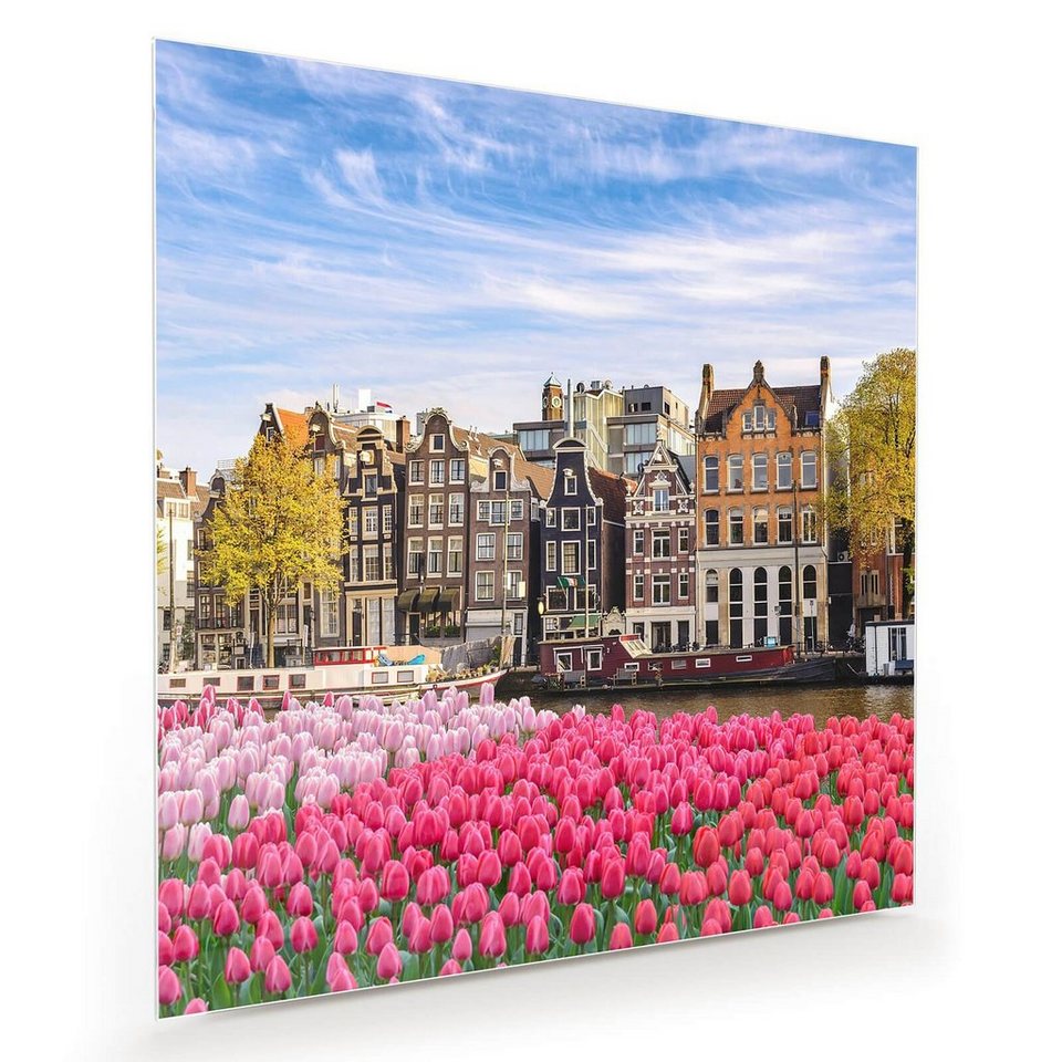Primedeco Glasbild Wandbild Quadratisch Amsterdam Skyline Tulpen Mit