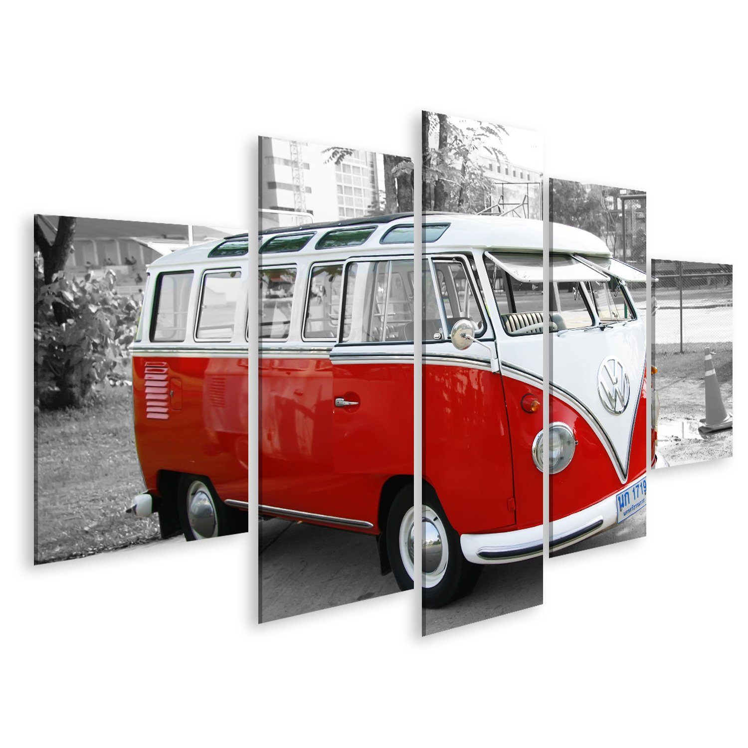 islandburner Leinwandbild Bild auf Leinwand Roter Bus passend für Bulli T1 vor Schwarz Weiß Hint