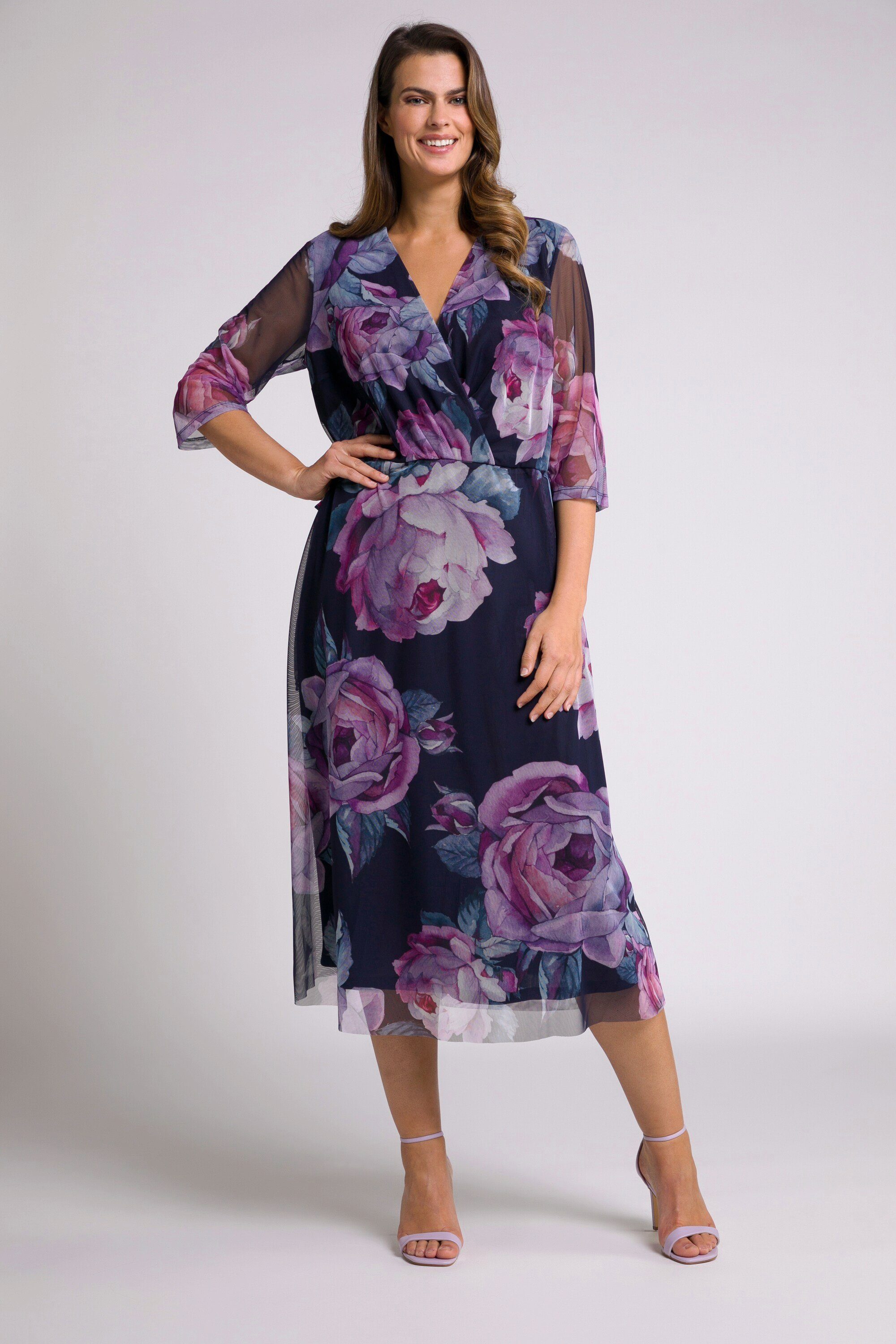 Ulla Popken Abendkleid Abendkleid Rosen Doppellagig V Ausschnitt 34 Arm