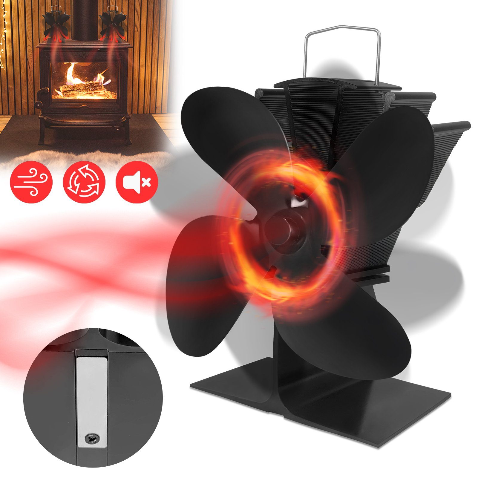 AUFUN Kaminventilator Ofenventilator mit 4 Flügeln für Kamin Holzöfen Öfen, Schwarz Kaminlüfter ...