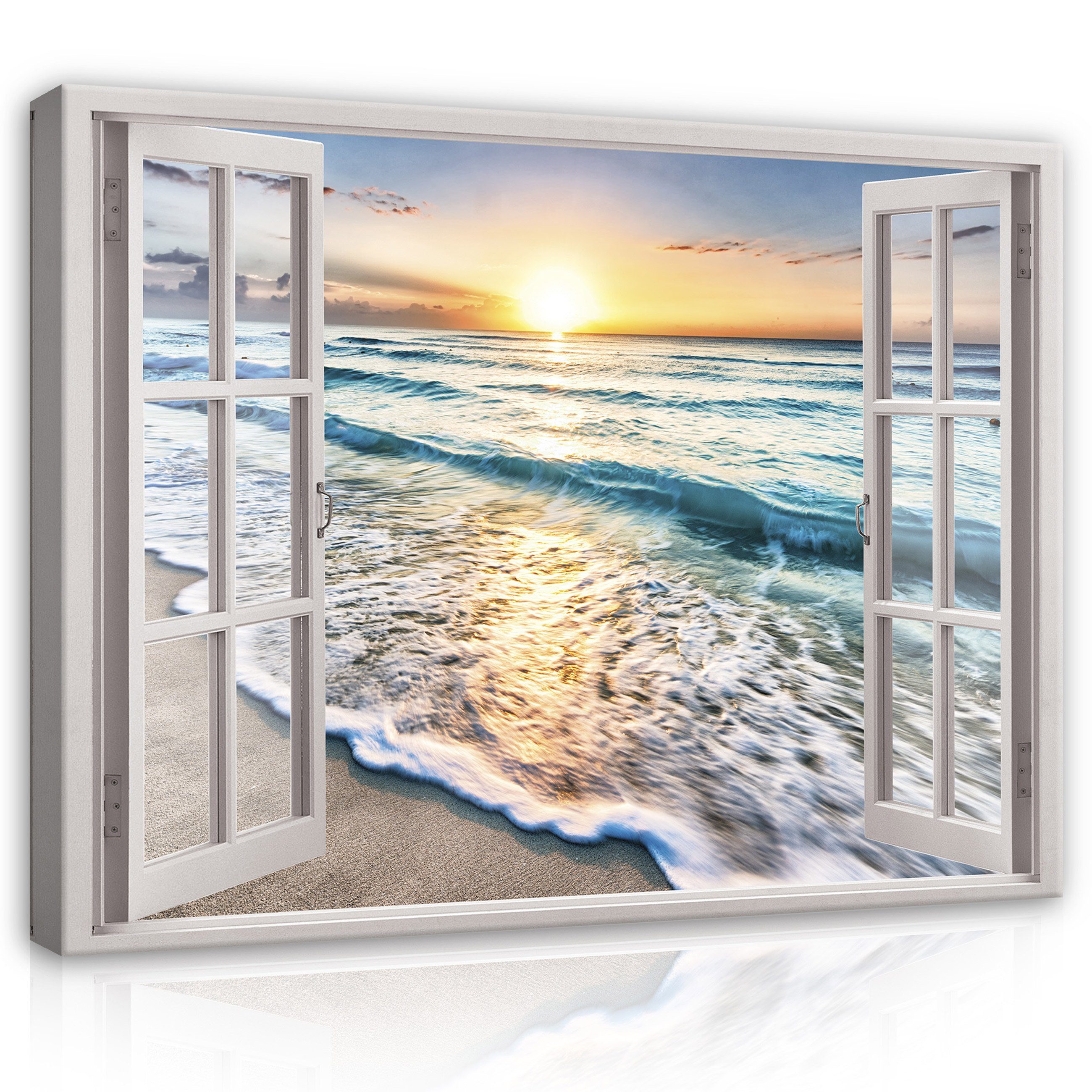 Wallarena Leinwandbild Fensterblick Strand Palmen Meer Sonne Fenster Wandbild Groß XXL ...
