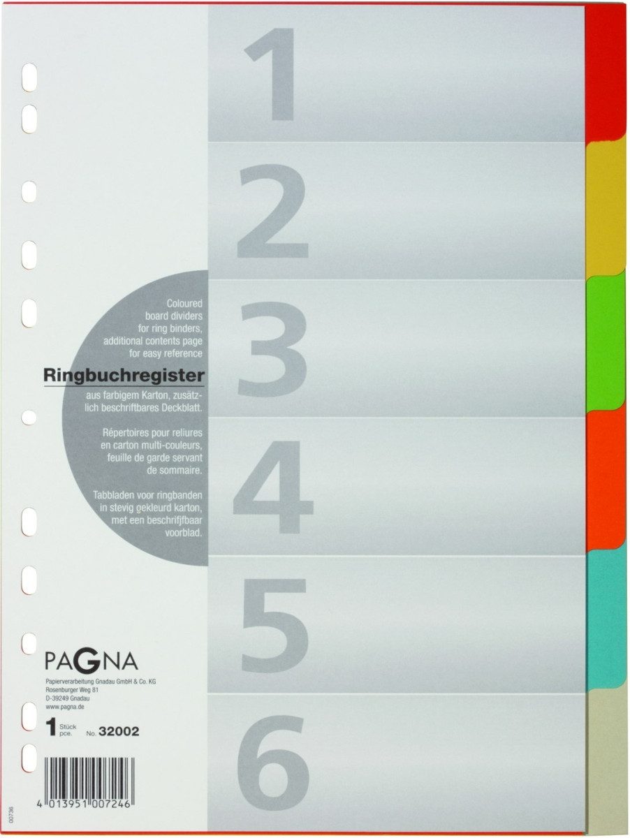 PAGNA Aktenordner Register A4 Karton 6-teilig blanko m. Deckblatt 6-farbig