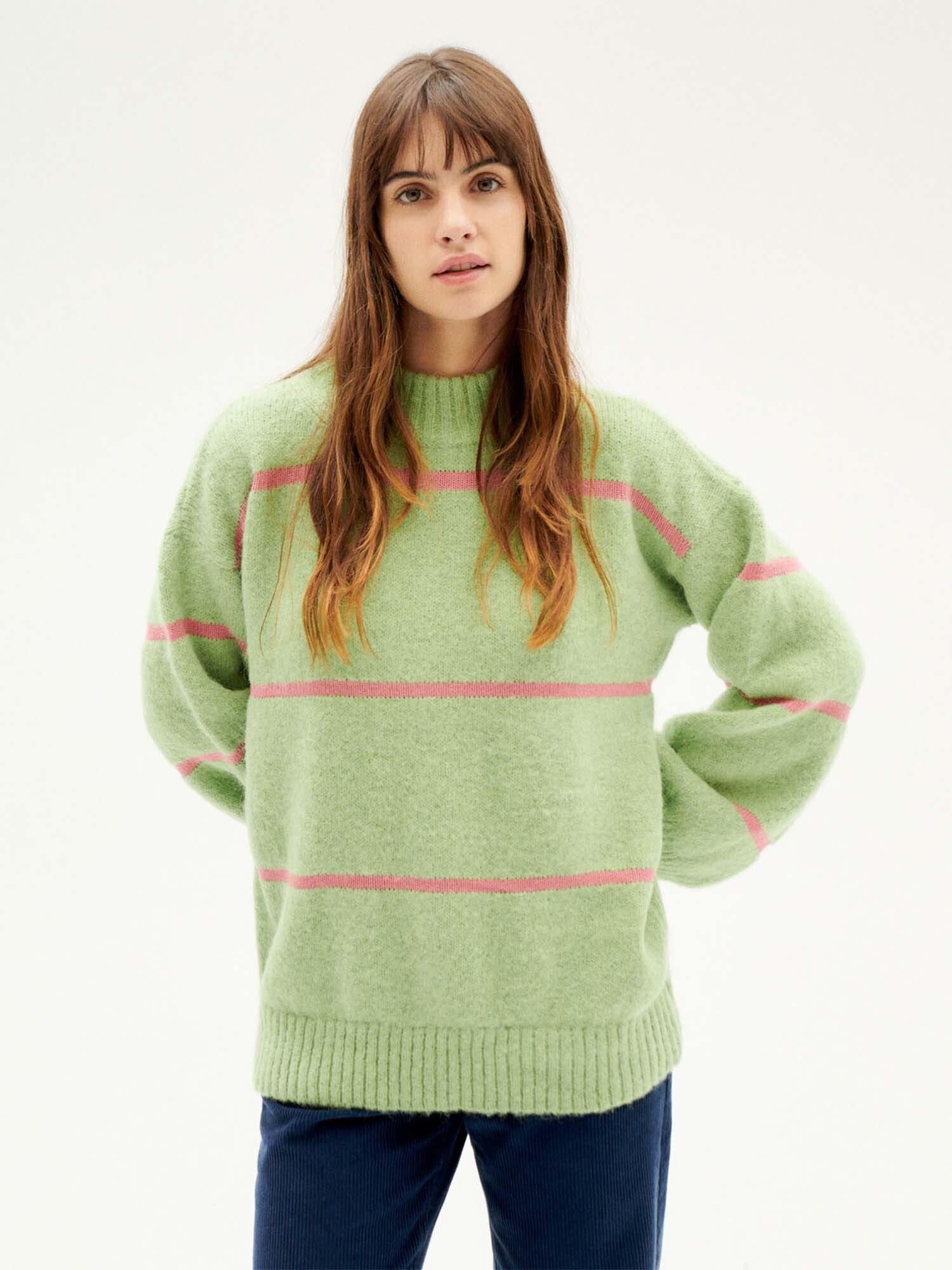 Thinking Mu Rundhalspullover Parrot Green Madi Stripes Knitted Sweater ...