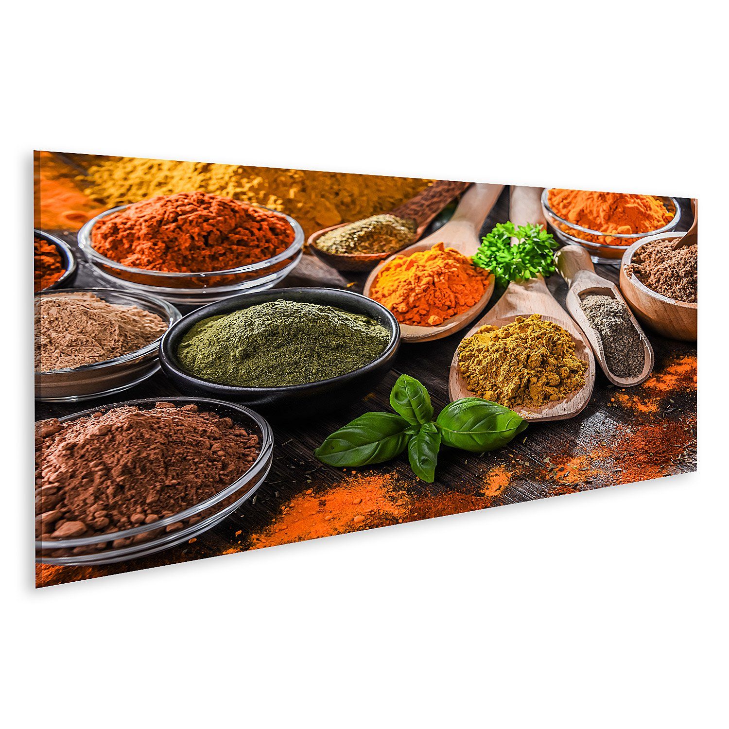 islandburner Leinwandbild Bild auf Leinwand Vielfalt Gewürze Holz Küchentisch Küche Wandbild ...