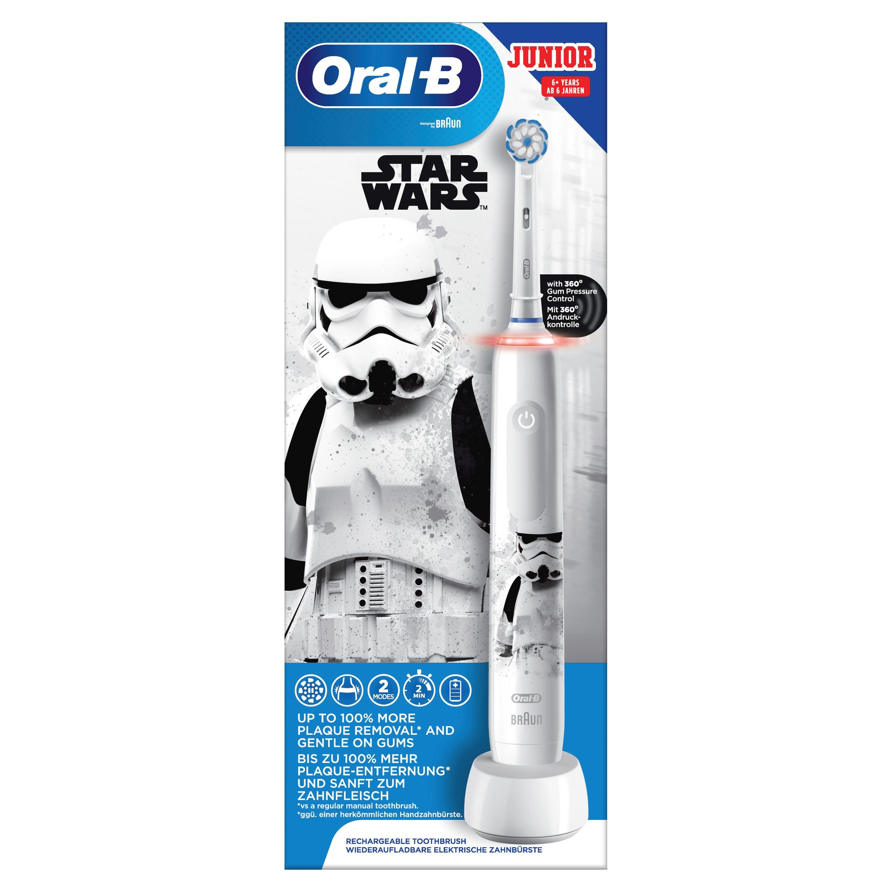 Oral B Elektrische Zahnburste Junior Star Wars Aufsteckbursten 1 St. Fur Kinder ab 6 Jahre Star Wars Mit visueller 360 Andruckkontrolle fur extra Zahnfleischschutz