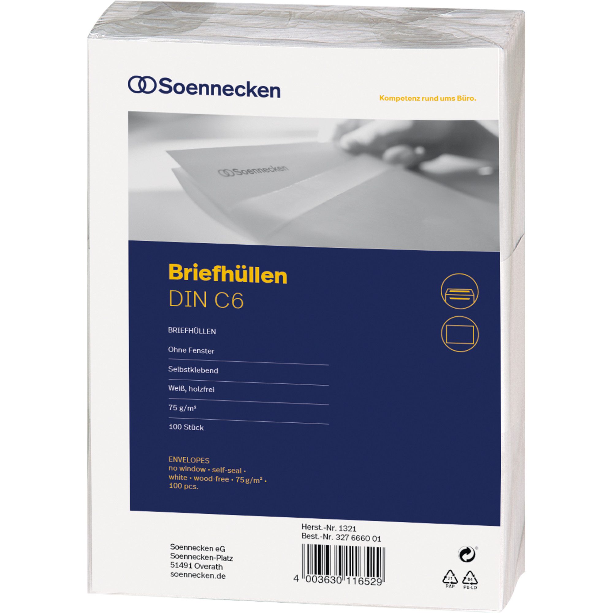 Soennecken Briefumschlag C6 selbstklebend weiß 75g ohne Fenster, PA= 100Stk