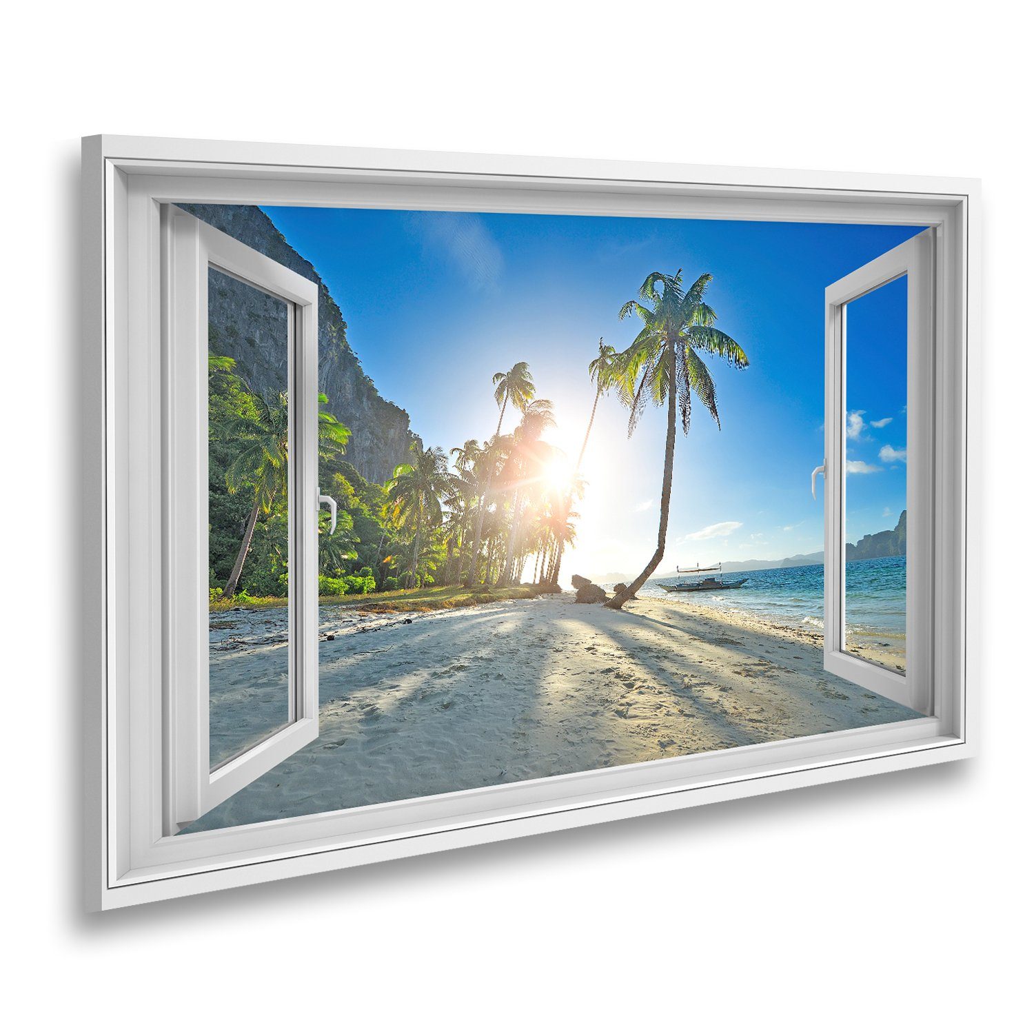 islandburner Leinwandbild Fensterblick Der paradiesische Sandstrand bei Sonnenaufgang auf der In